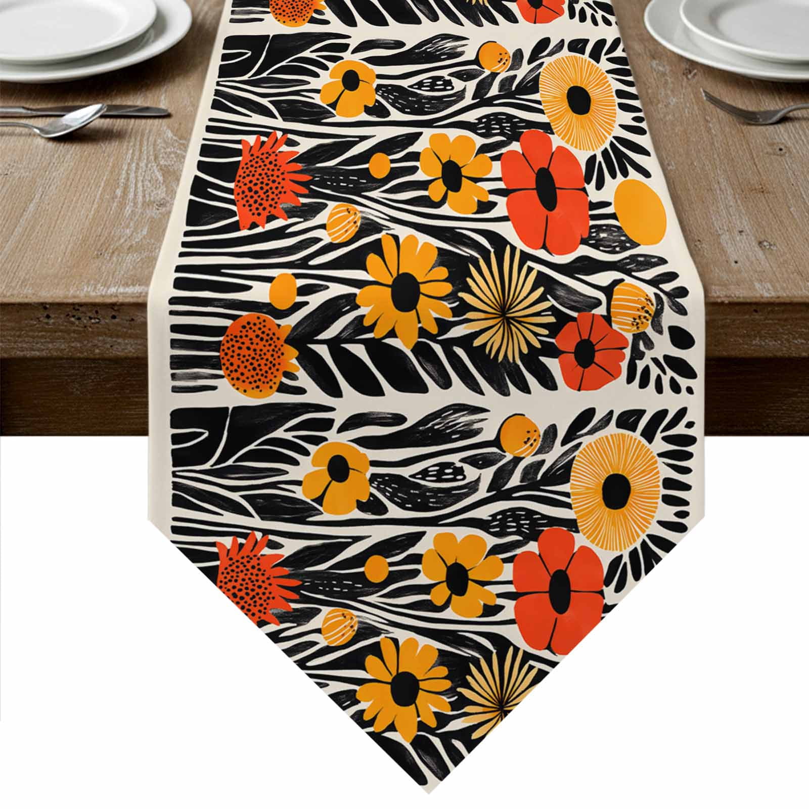 Orange Yellow Black Botanical Table Runner Linen Burlap Table Runner 90 ...