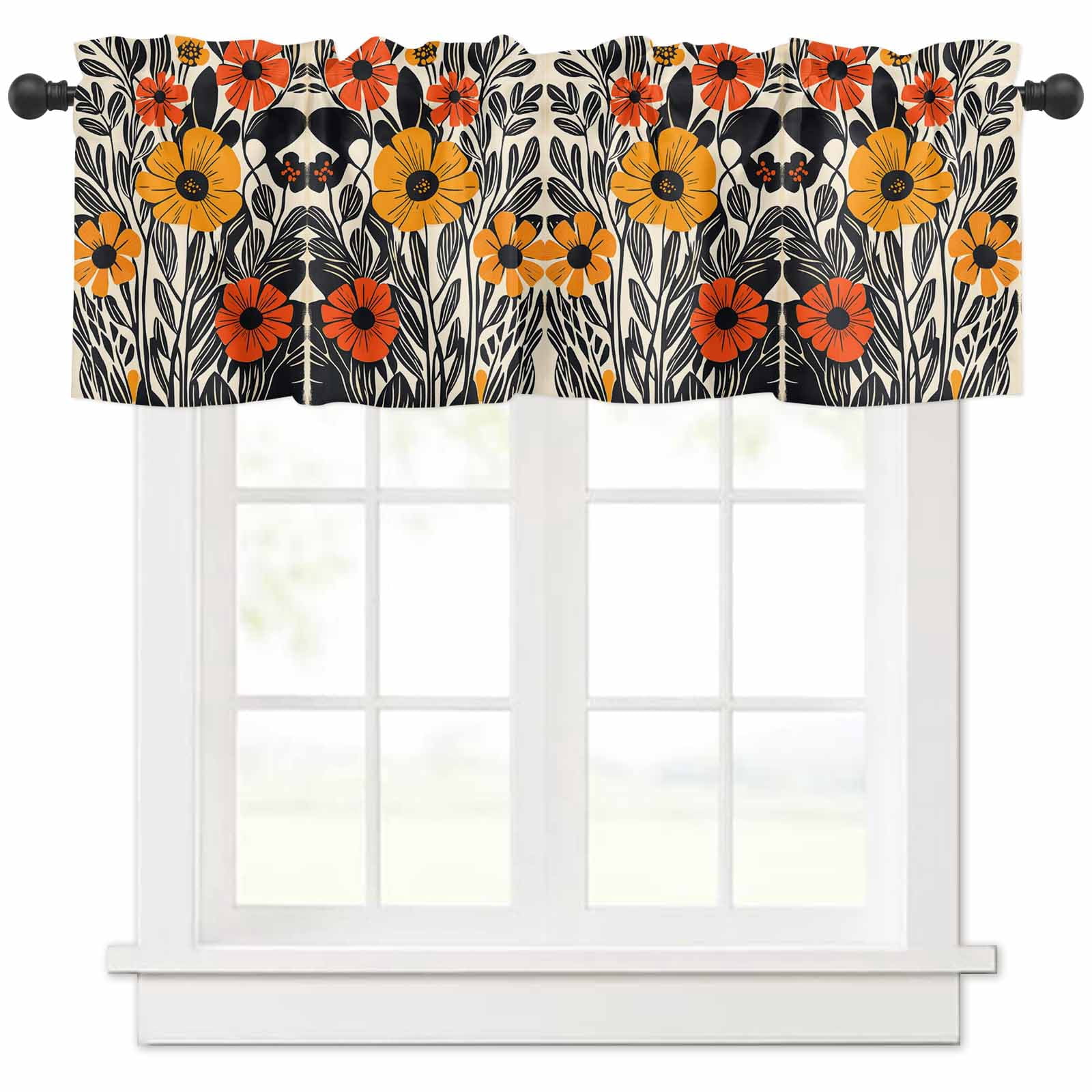 Orange Yellow Black Botanical Valances for Windows Farmhouse Kitchen ...