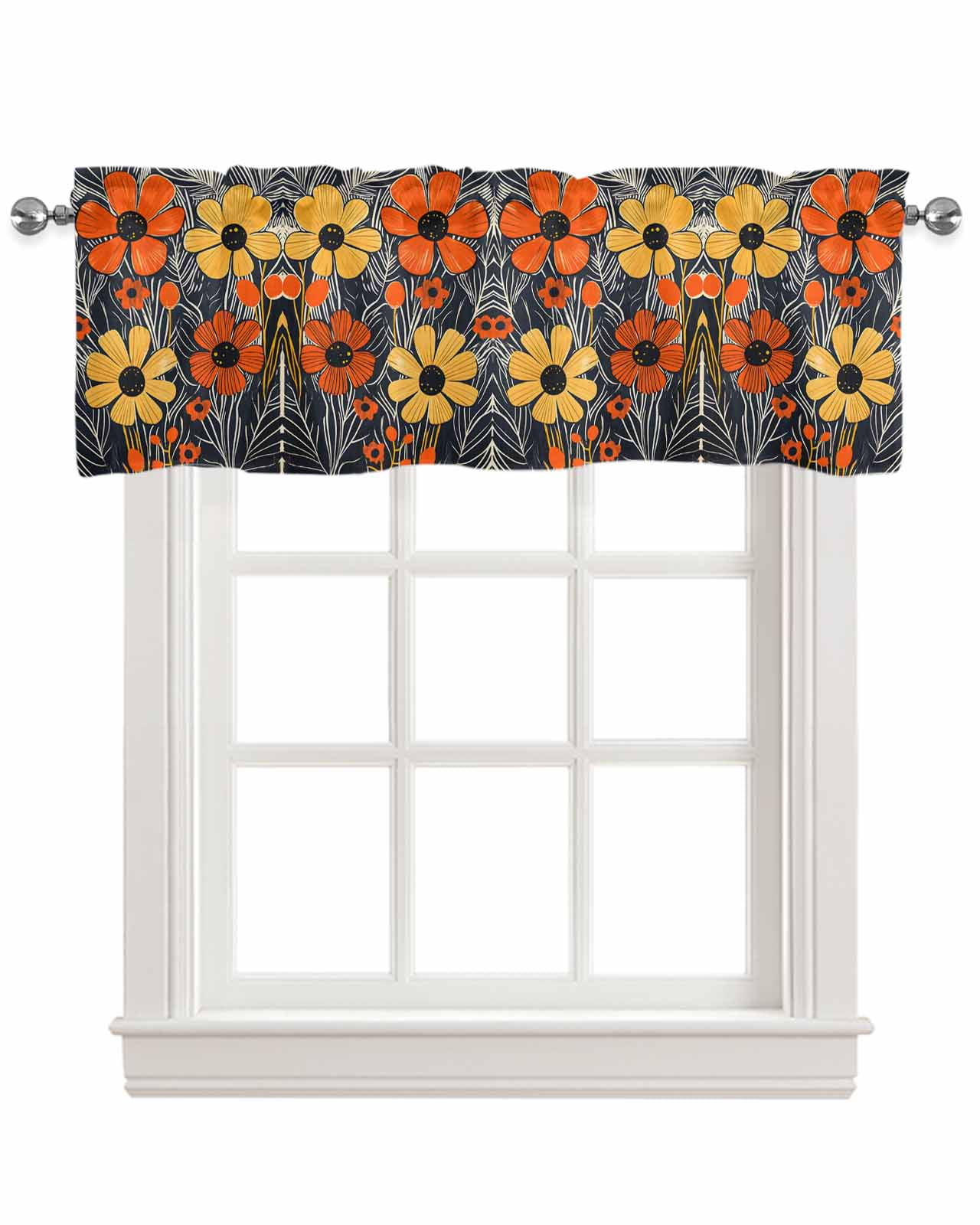 Orange Yellow Floral Kitchen Valances for Windows Farmhouse Linen ...