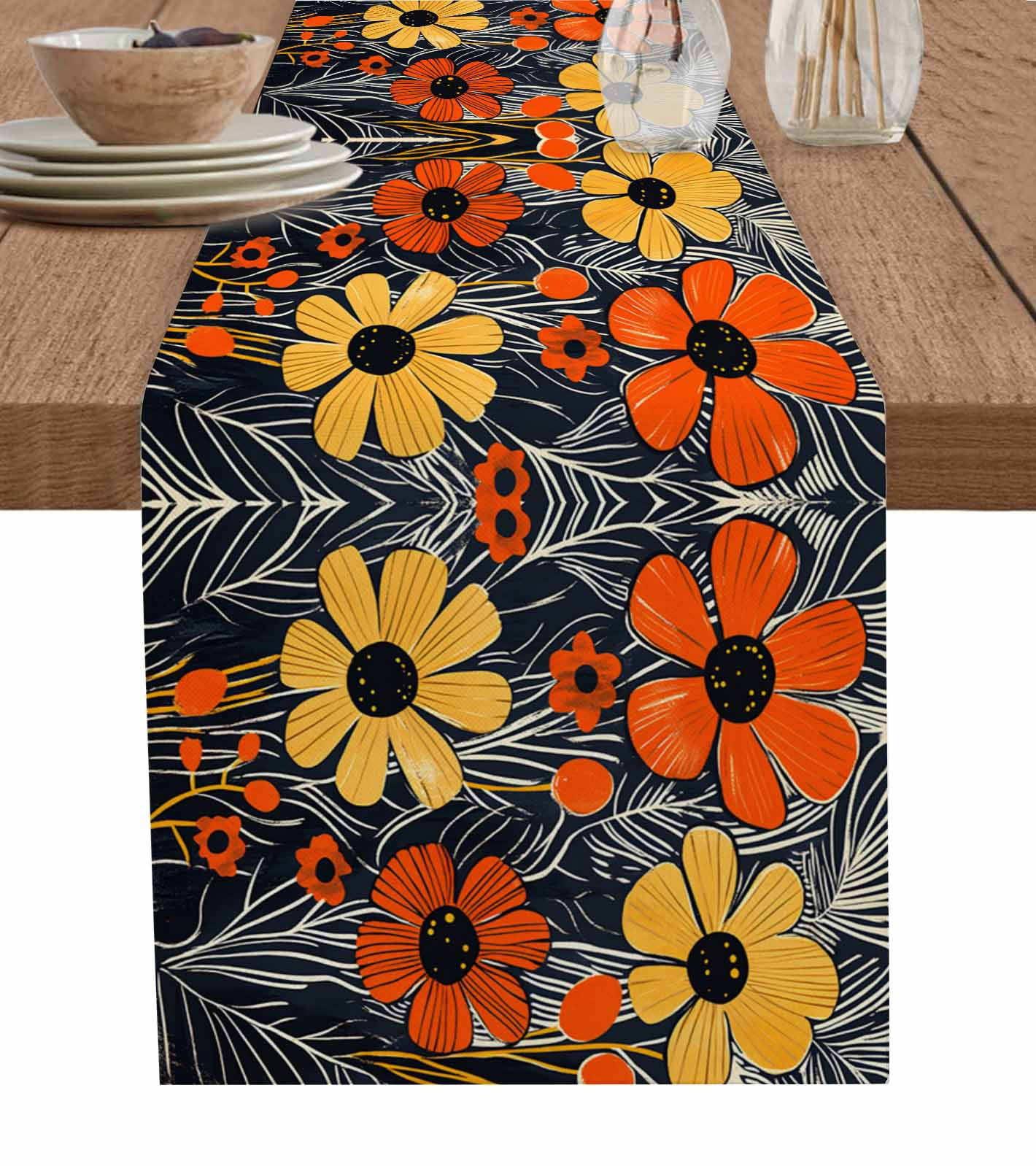 Orange Yellow Floral Table Runner 60 Inches, Botanical Summer Tropical ...