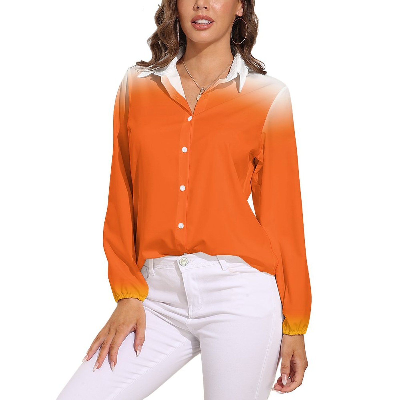 Orange Yellow Gradient Print Vntage Casual Long Sleeve Shirt Blouse ...