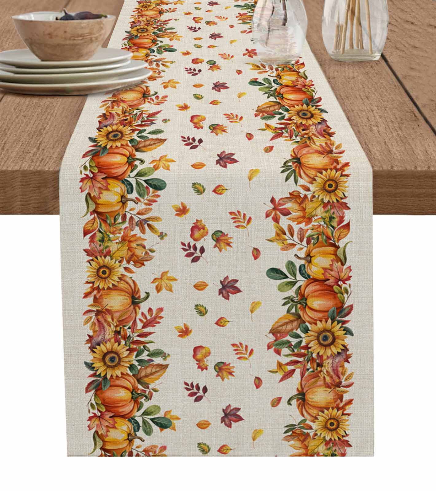 Orange Yellow Pumpkins Table Runner Autumn Leaves Rustic Vintage ...