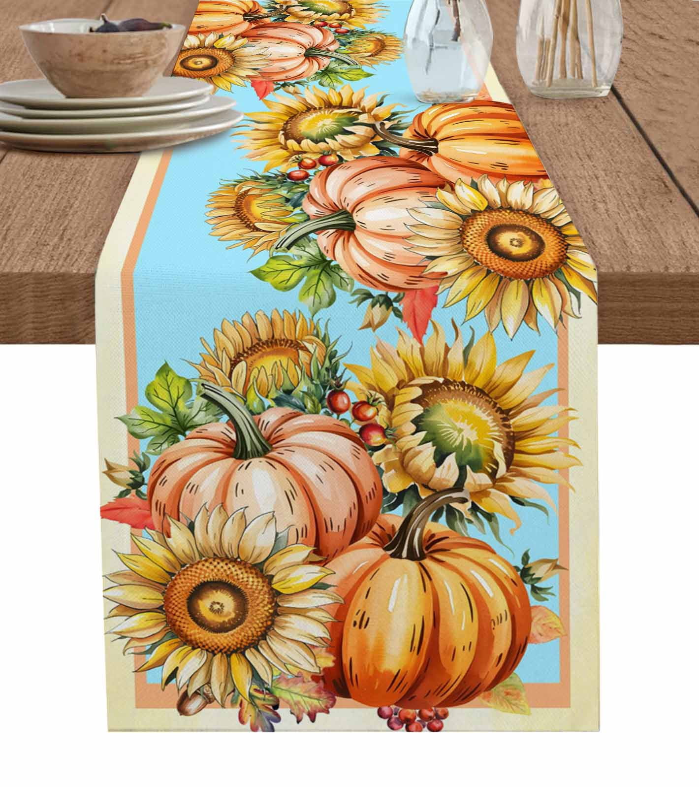 Orange Yellow Pumpkins Table Runner Watercolor Farmhouse Botanical ...