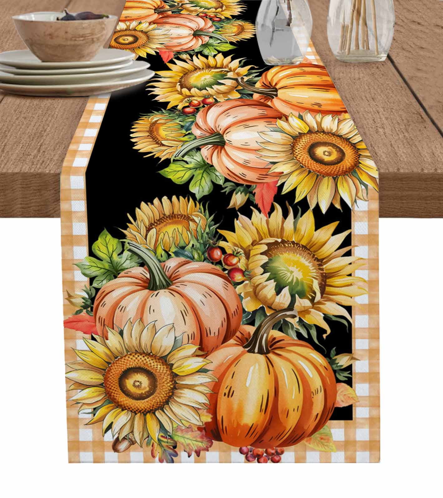 Orange Yellow Pumpkins Table Runner Watercolor Sunflower Plaid ...