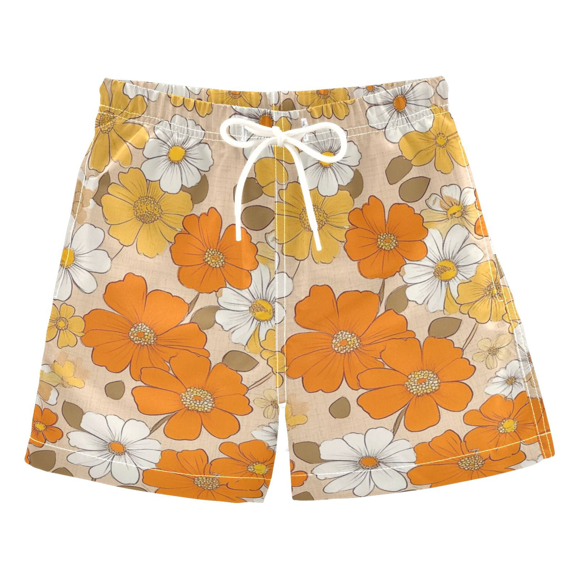 Orange Yellow White Floral Boys Swim Trunks Quick Dry Boy Swim Shorts ...