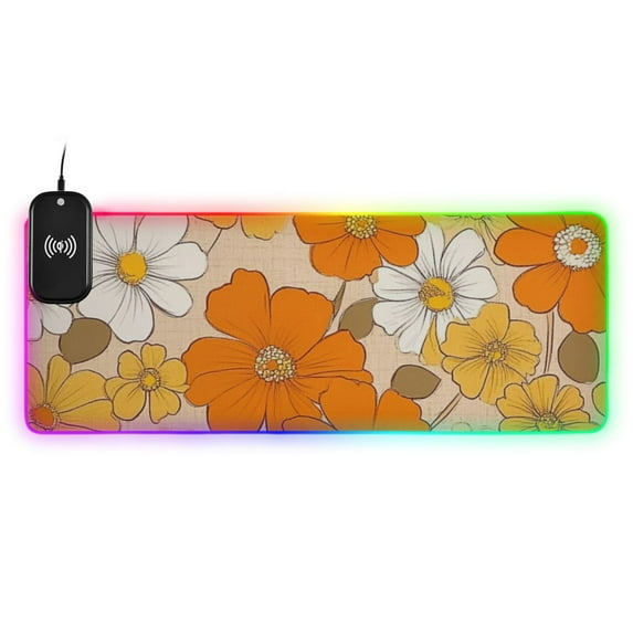 Orange Yellow White Floral Wireless Charging RGB Gaming Mouse Pad Large ...