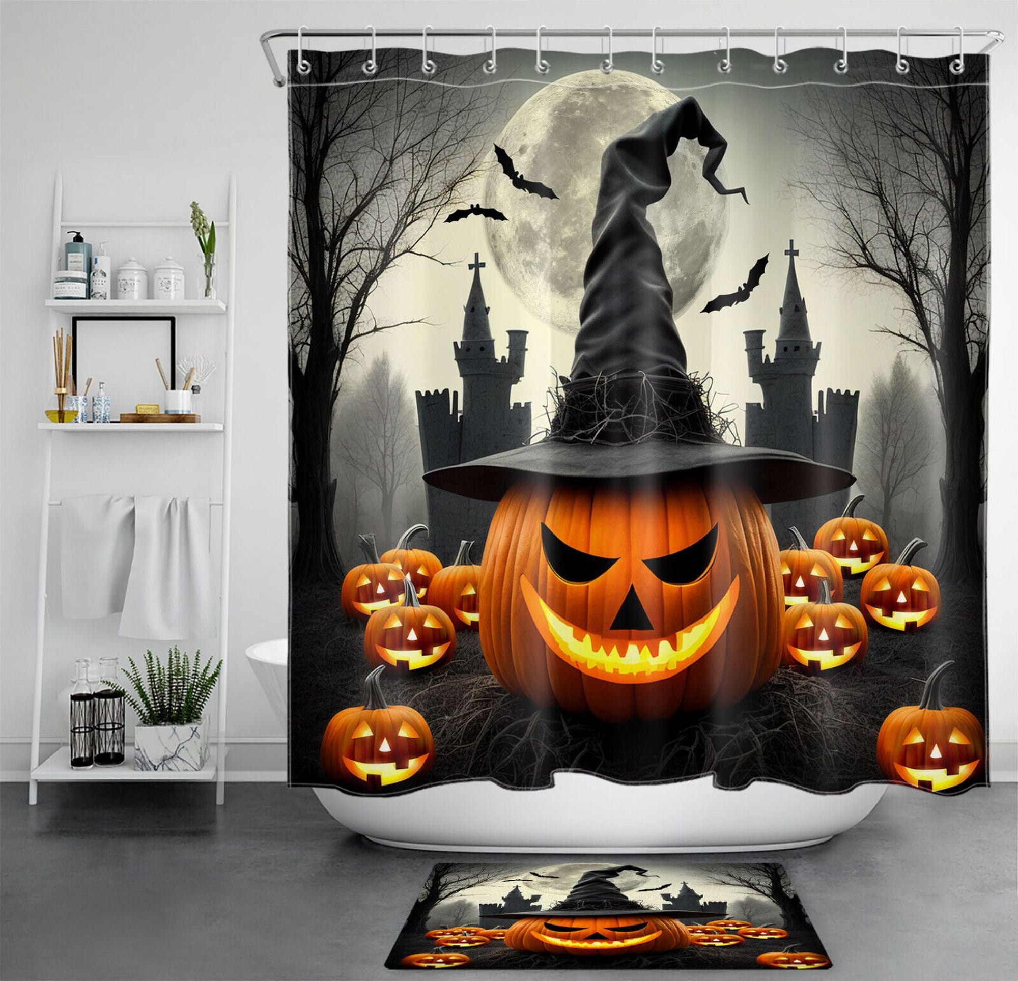 Orange And Black Halloween Shower Curtain Set For Spooky Bathroom Decor