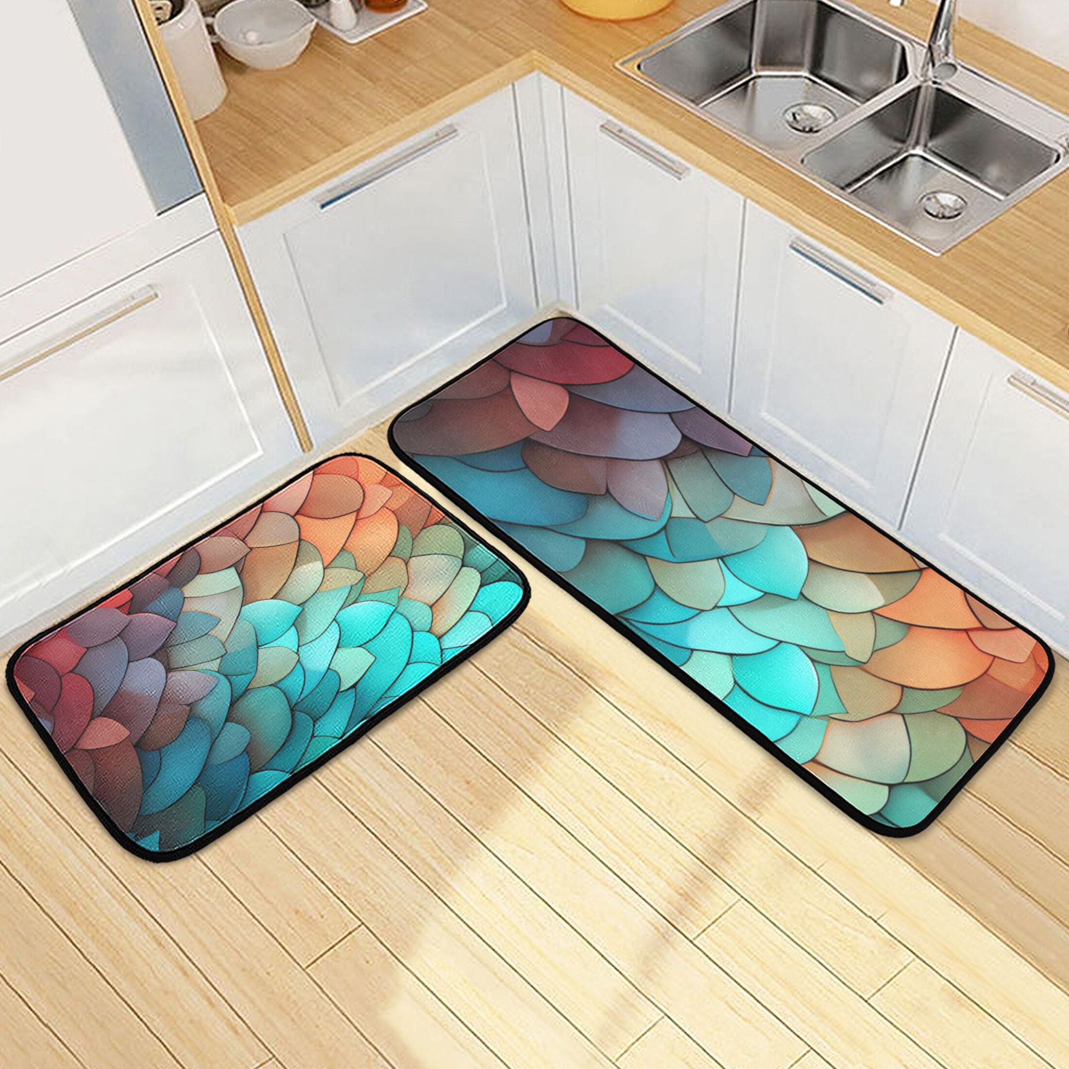Orange and Blue Kitchen Rugs Set of 2 Non Slip Floor Foam Mat Cushioned ...