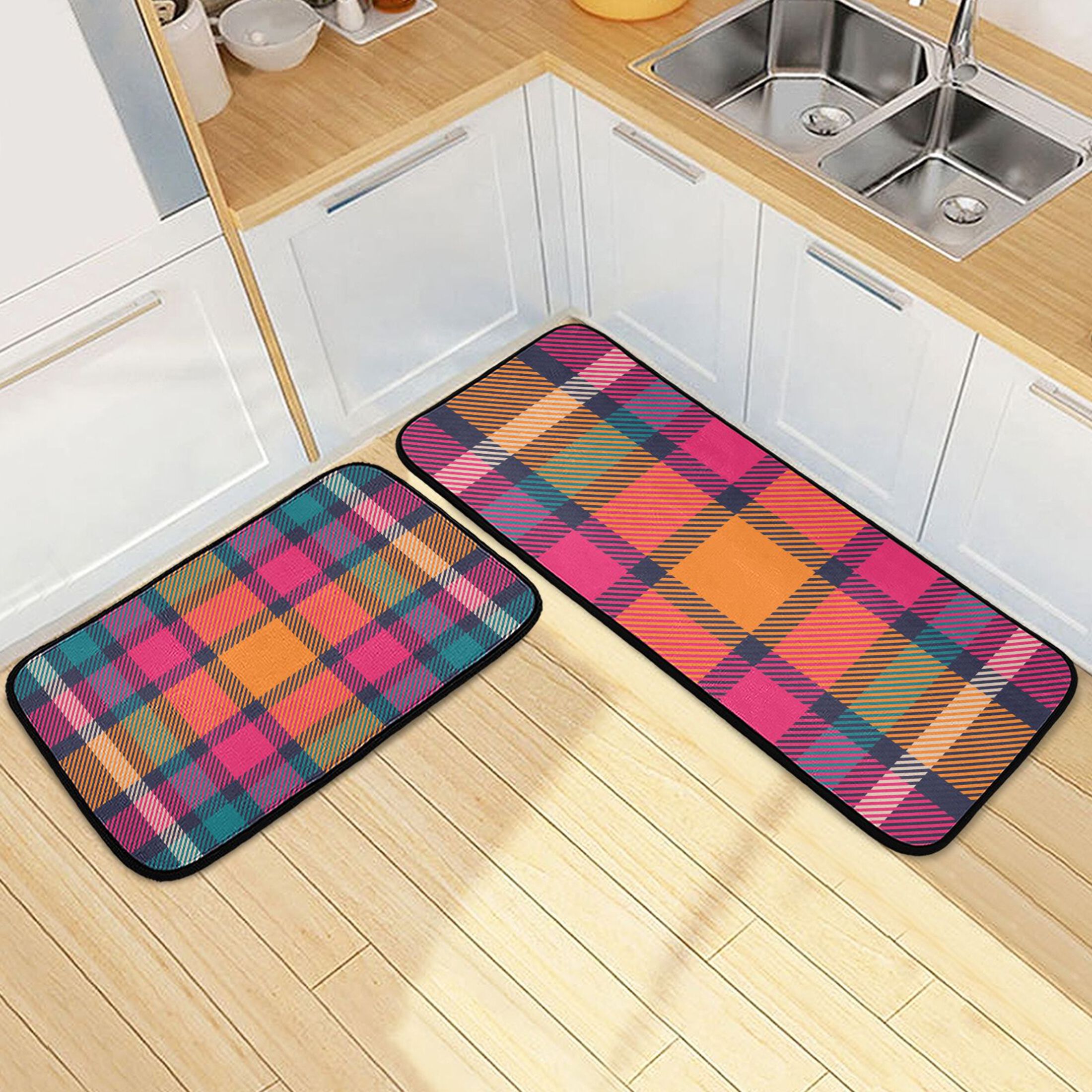 Orange and Blue Plaid Kitchen Mats Set 2 Piece Non Slip Floor Foam Rugs ...