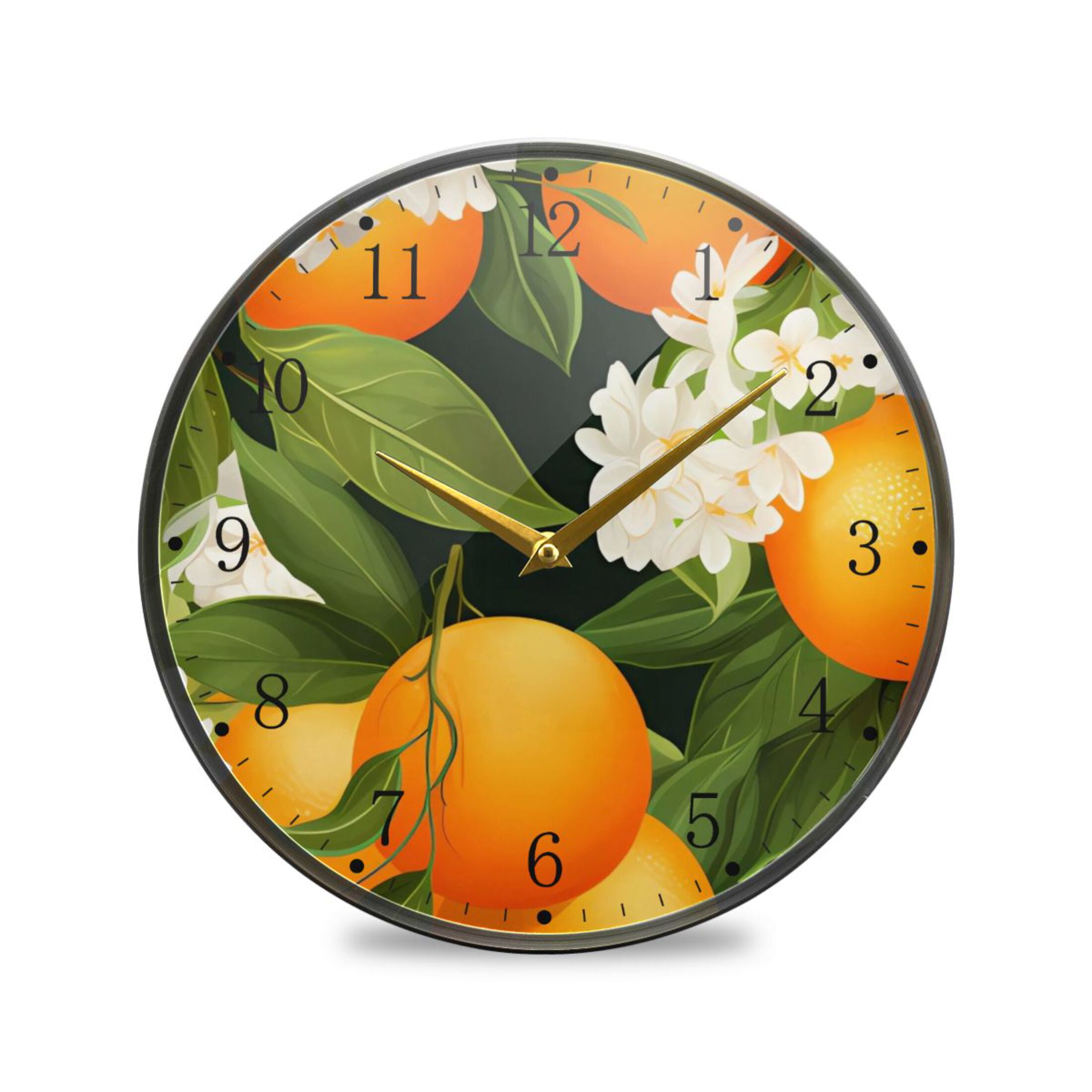 Orange and Flowers Acrylic Wall Clocks Quiet Round Clock Battery ...