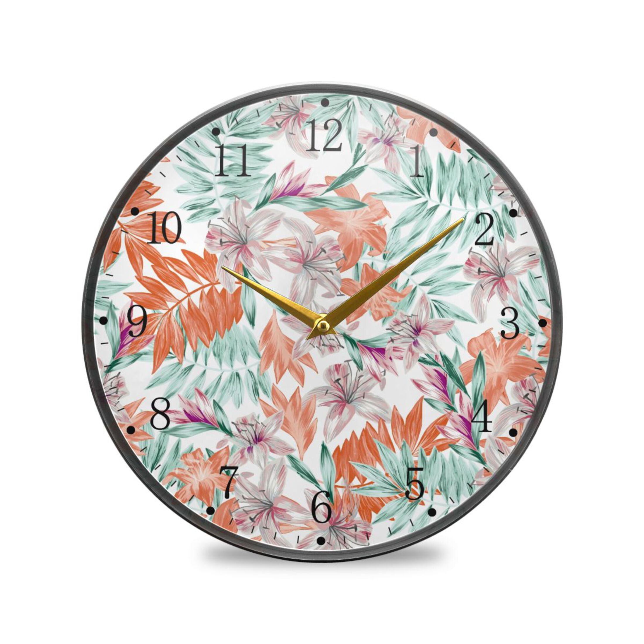 Orange and Green Leaves Acrylic Wall Clocks Quiet Round Clock Battery ...