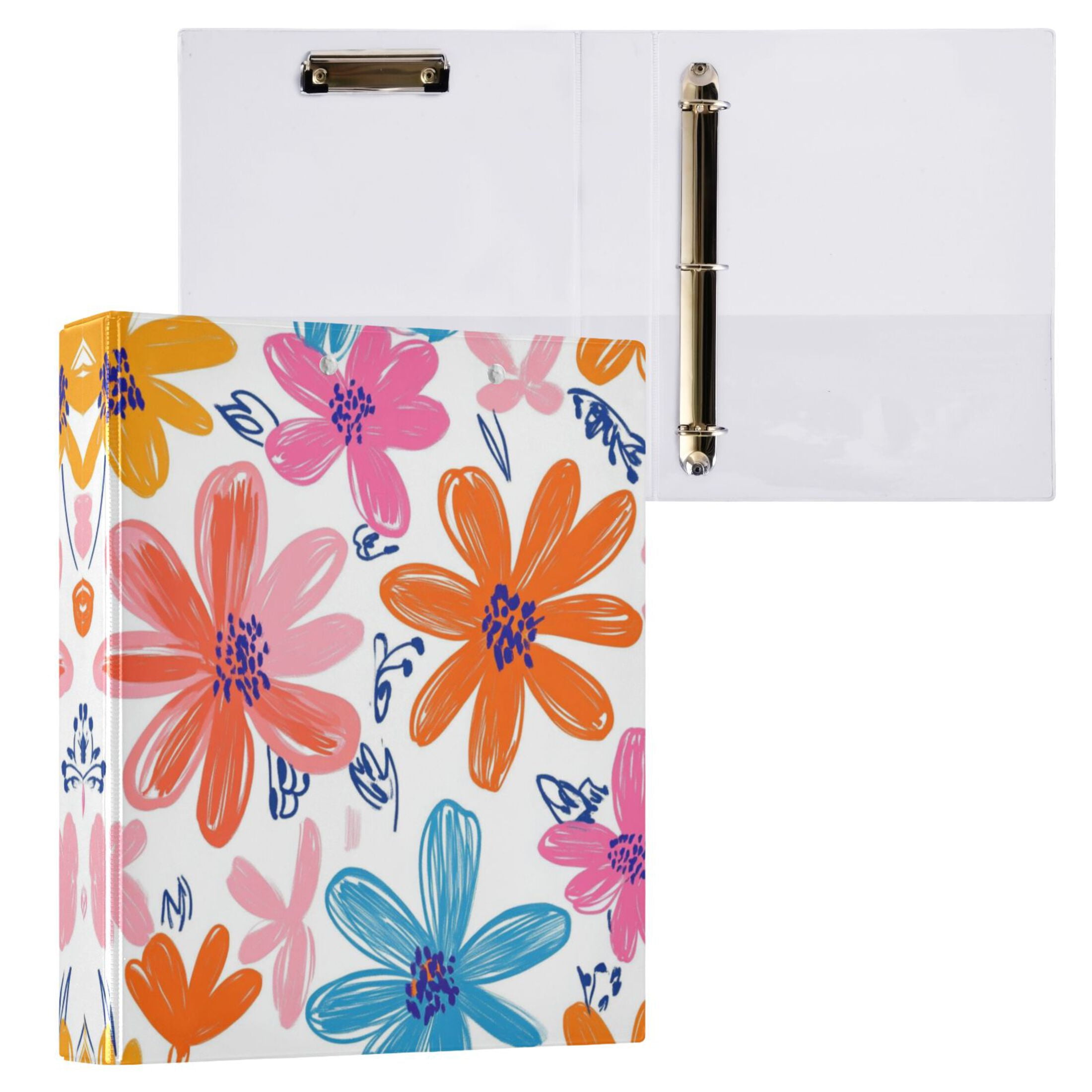 Orange and Pink Flower Pattern 3 Ring Hardcover Binders 1.5in Round ...