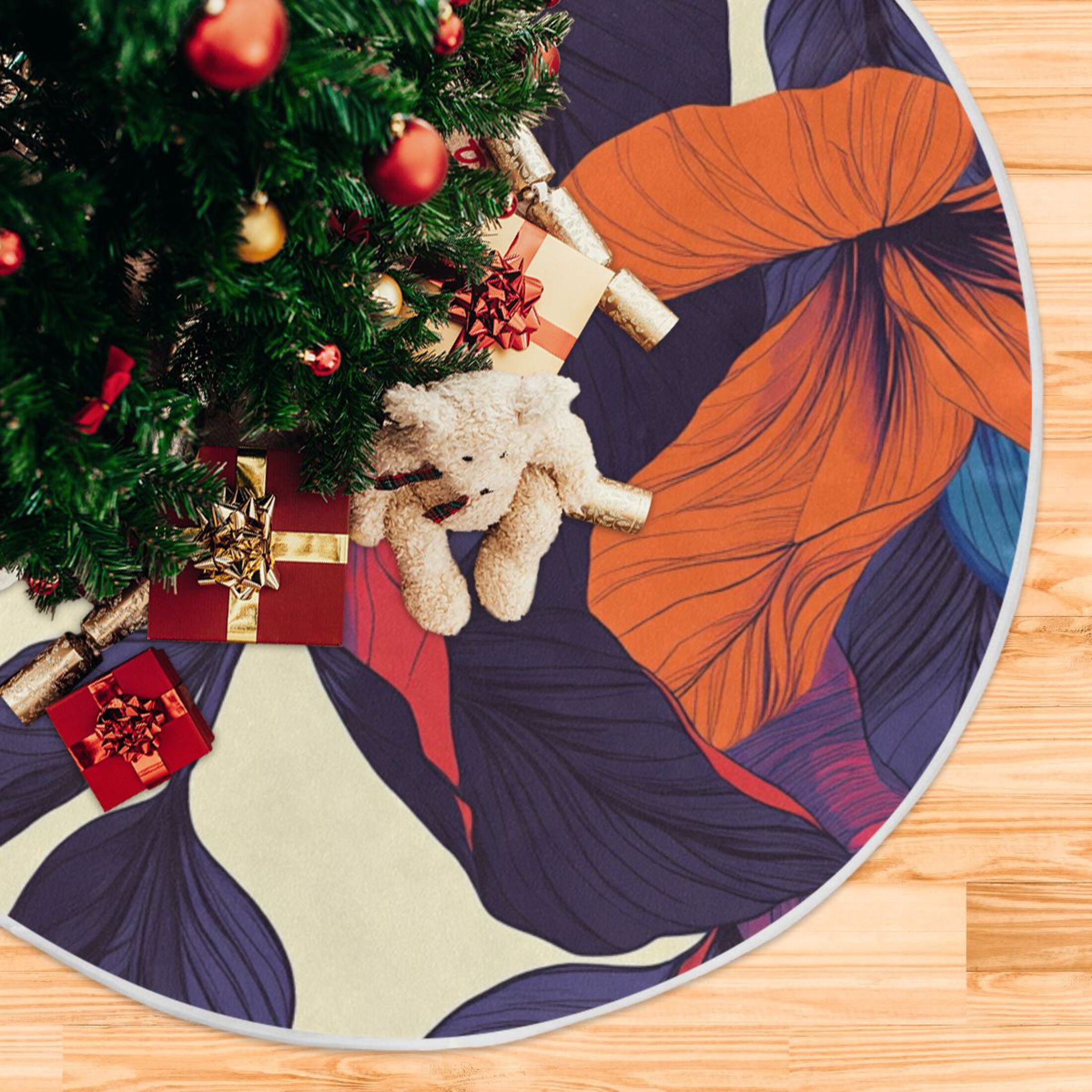 Orange and Purple Tropical Flowers Christmas Tree Skirt Stand Mat ...