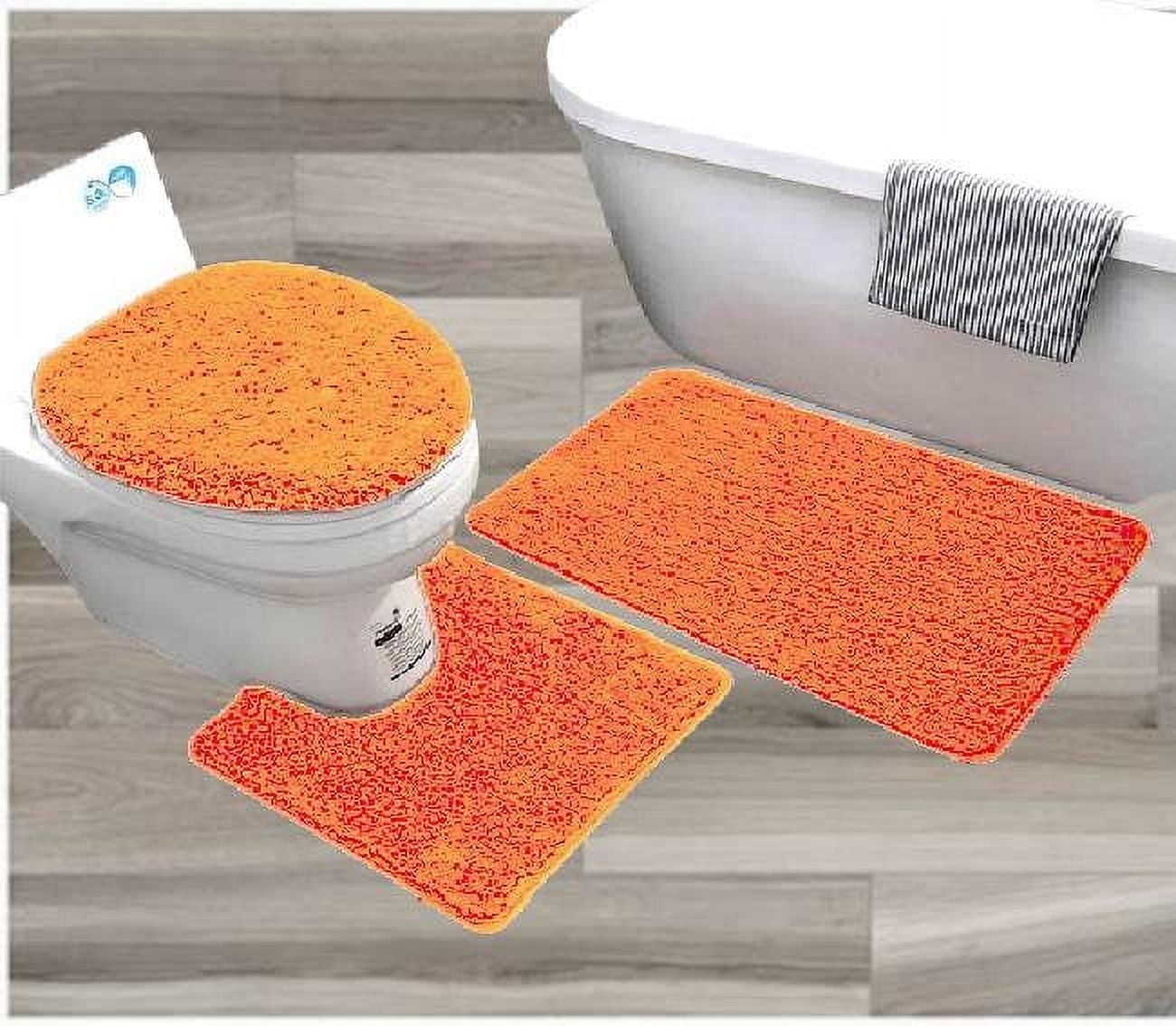 Three Piece Orange Bathroom Rug Set: Large Shaggy Chenille Mat, Contour ...