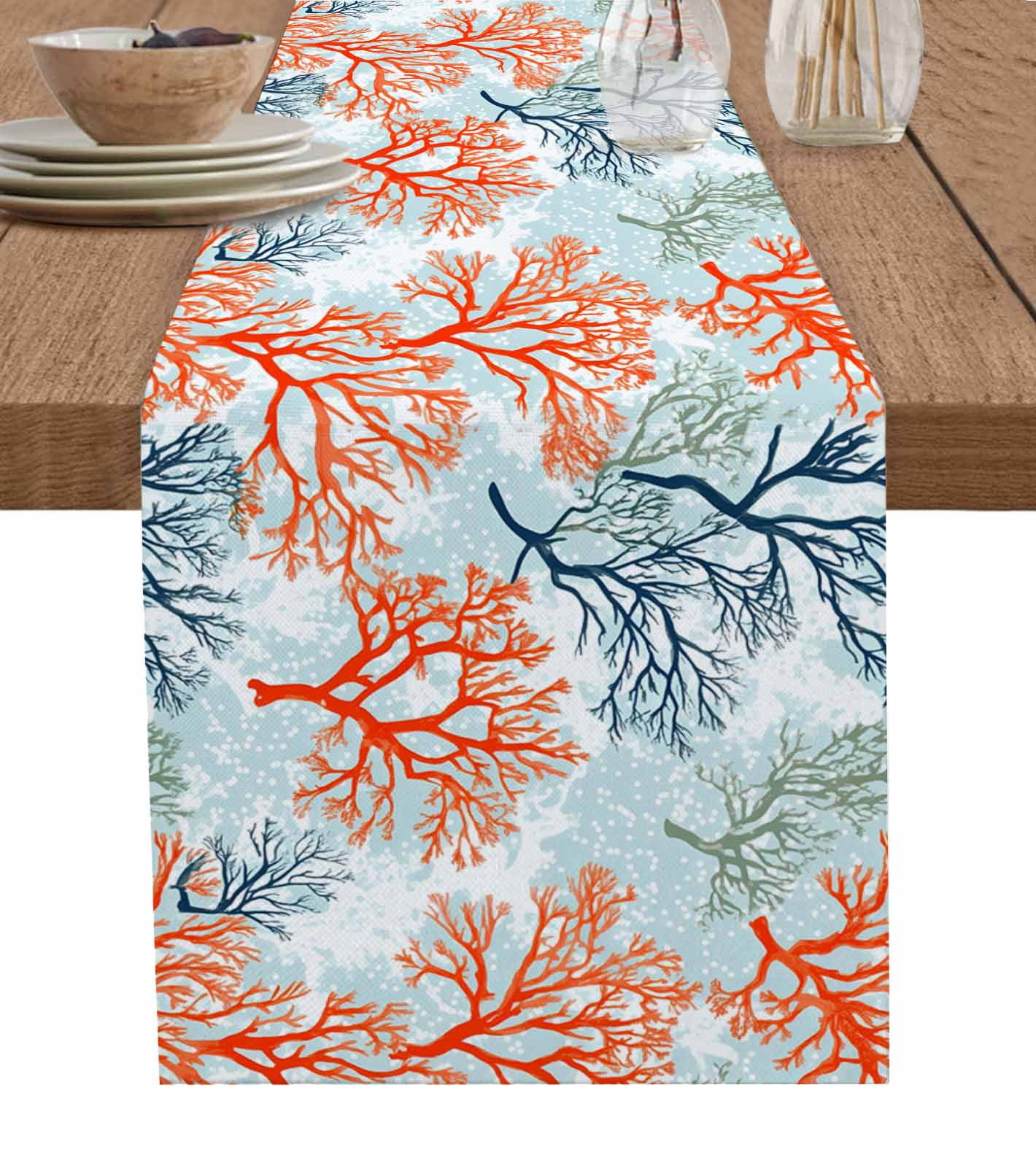 Orange-red Coral Burlap Cotton Table Runner 16x72 Inches Long, Blue ...