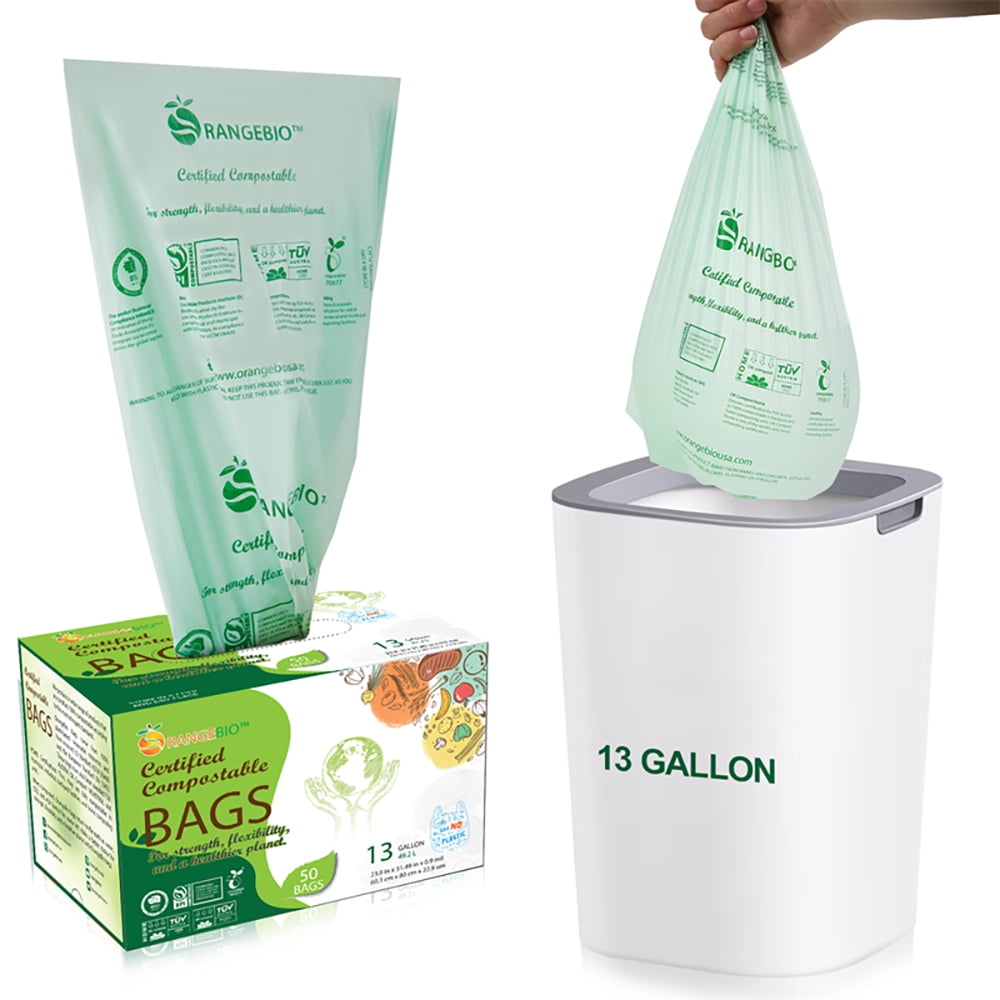 OrangeBio 100% Ceritified Home Compostable Trash Bags, 13 Gallon, 50 ...