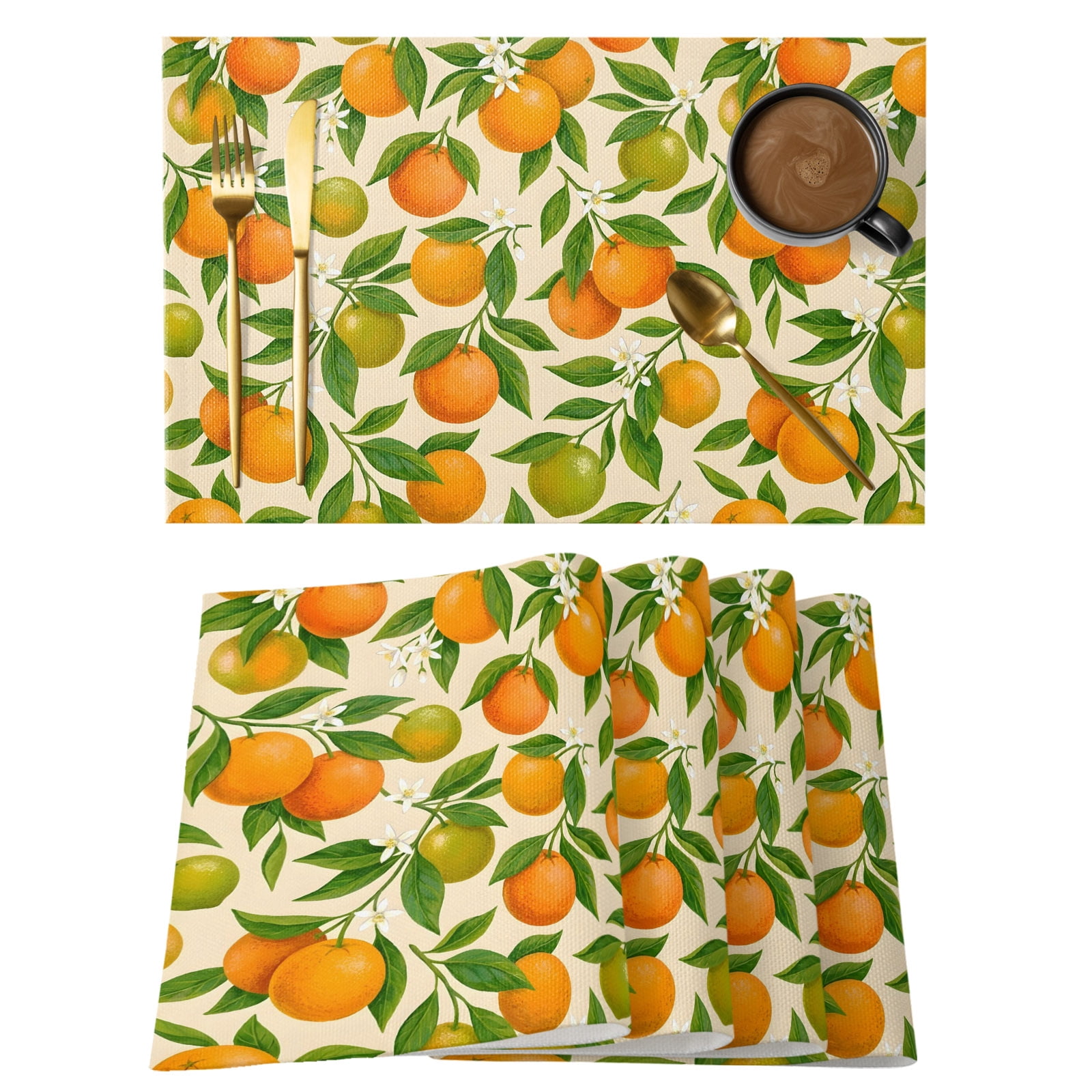 Oranges Fruit Cotton Linen Placemats Set of 12, Green Leaf White ...