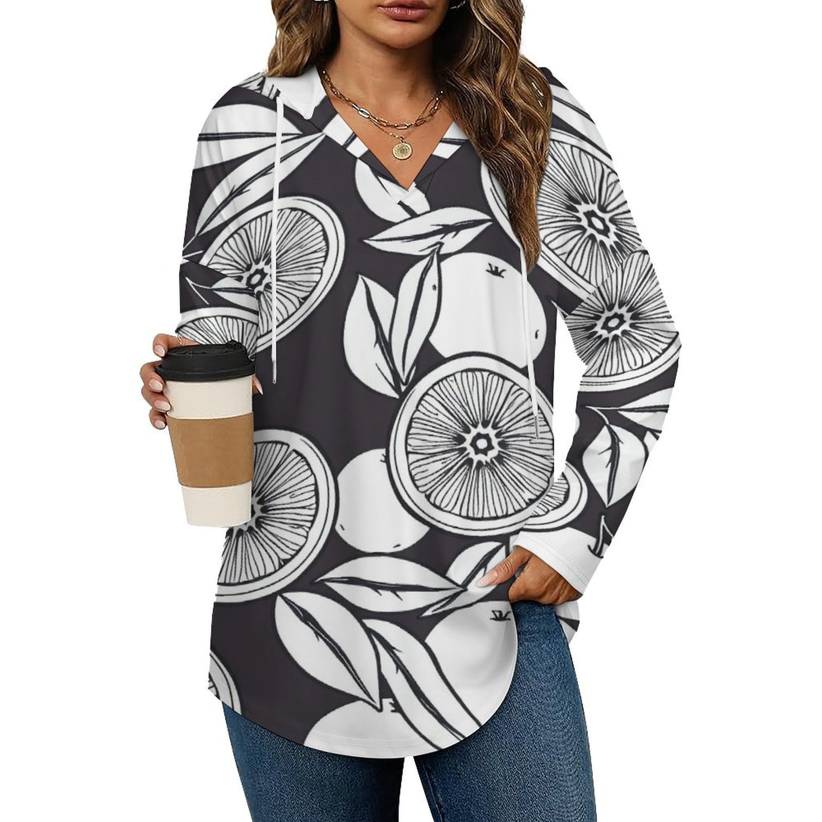Oranges Seamless Patter Women's V-neck Casual Sports Hooded Sweatshirt ...