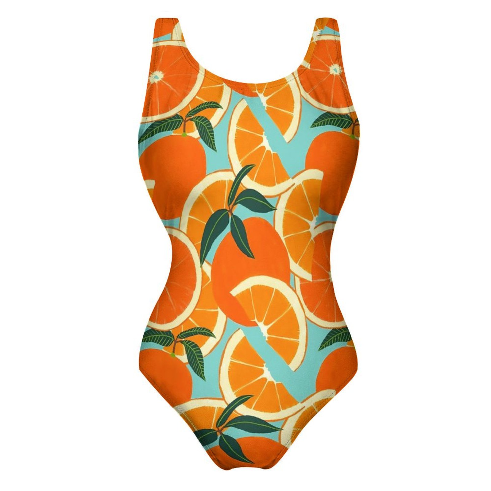 Oranges Slices Swimsuit Blue Fruits One Piece Swimwear Push Up Bodysuit ...