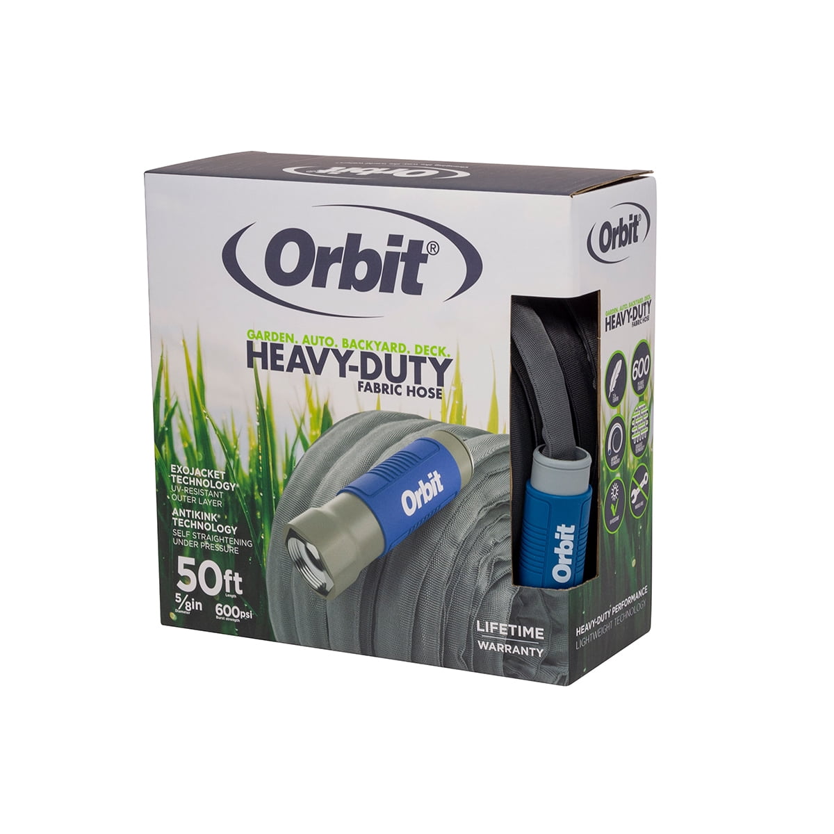 Orbit 50' Exojacket Heavy-Duty Fabric Hose with AntiKink Technology and 600 PSI Strength ...