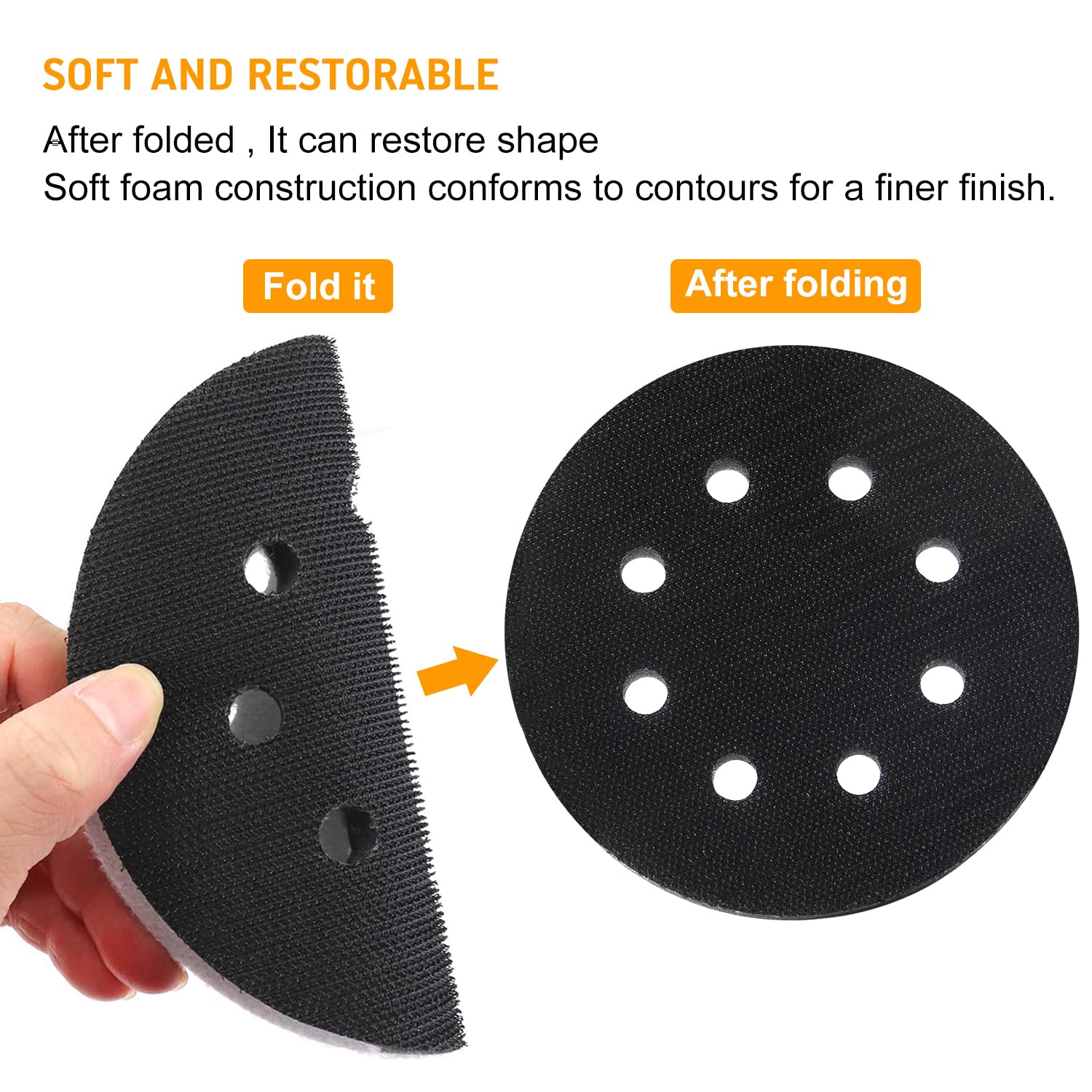 Orbital Sander Foam Pad - 5 inch, 8 Holes, Hook and Loop (5 PCS ...