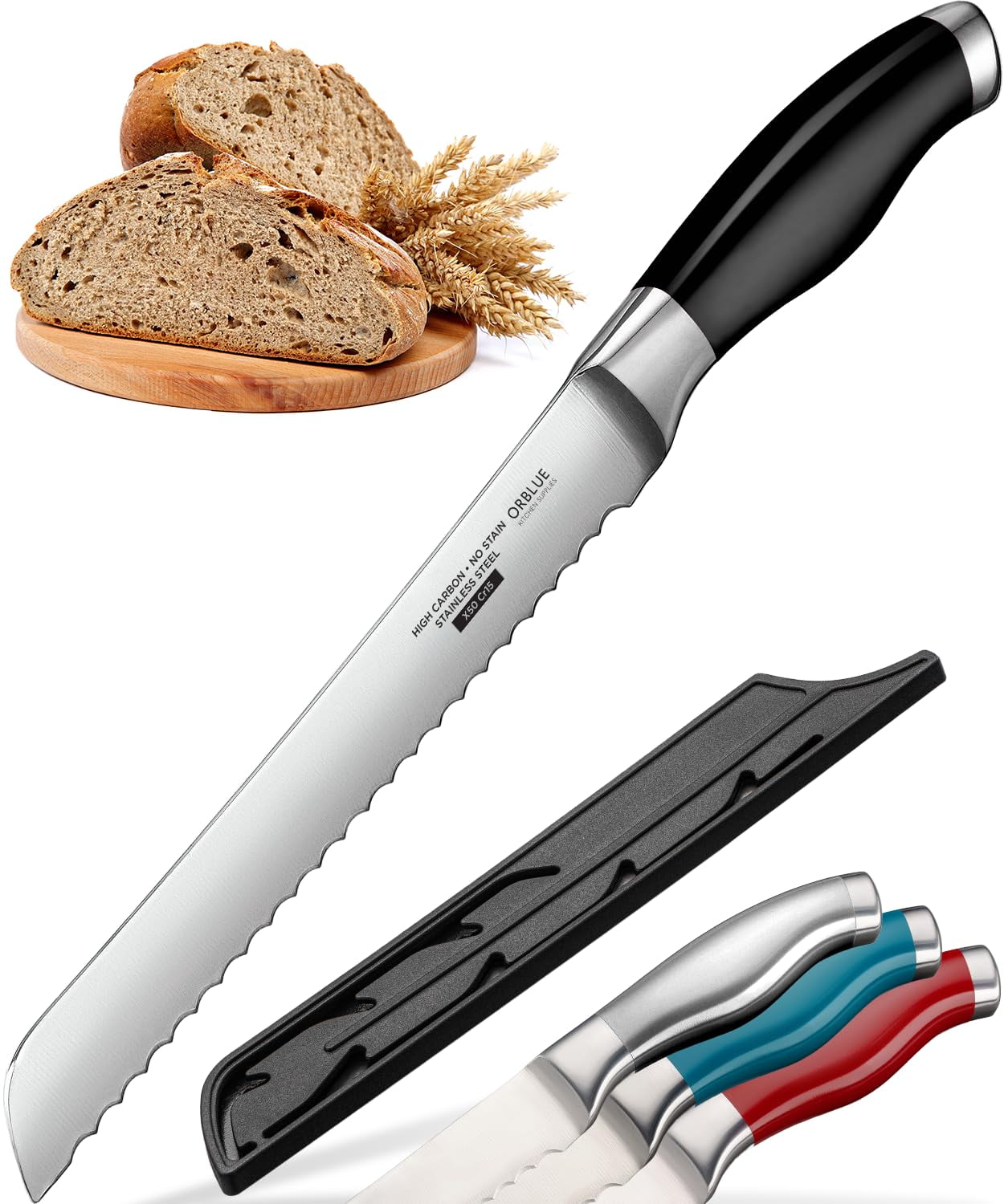 Orblue Pro 8-Inch Stainless Steel Serrated Bread Knife, Cutter for ...