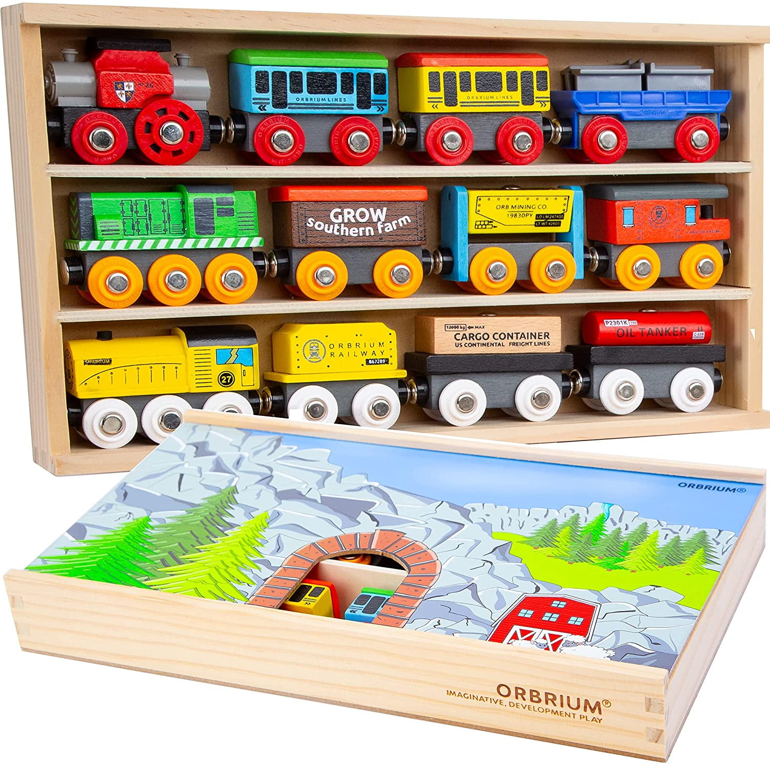 Orbrium Toys 12 Pcs Wooden Train Cars Kids + Wooden Cover/Tunnel Wooden ...
