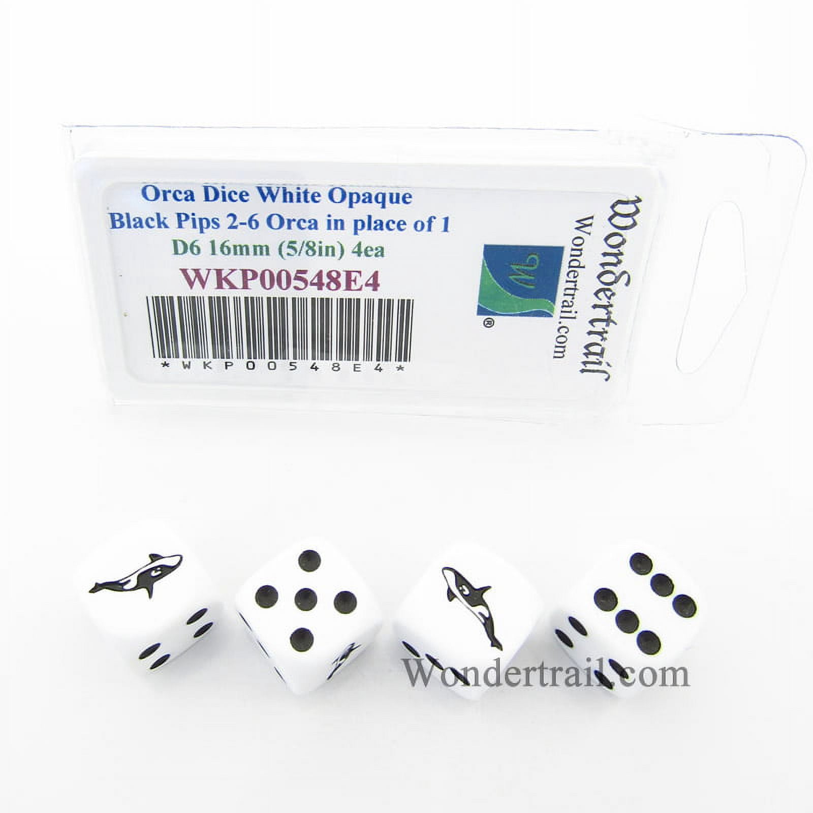 Orca Dice White Opaque with Black Pips D6 16mm (5/8in) Set of 4 ...