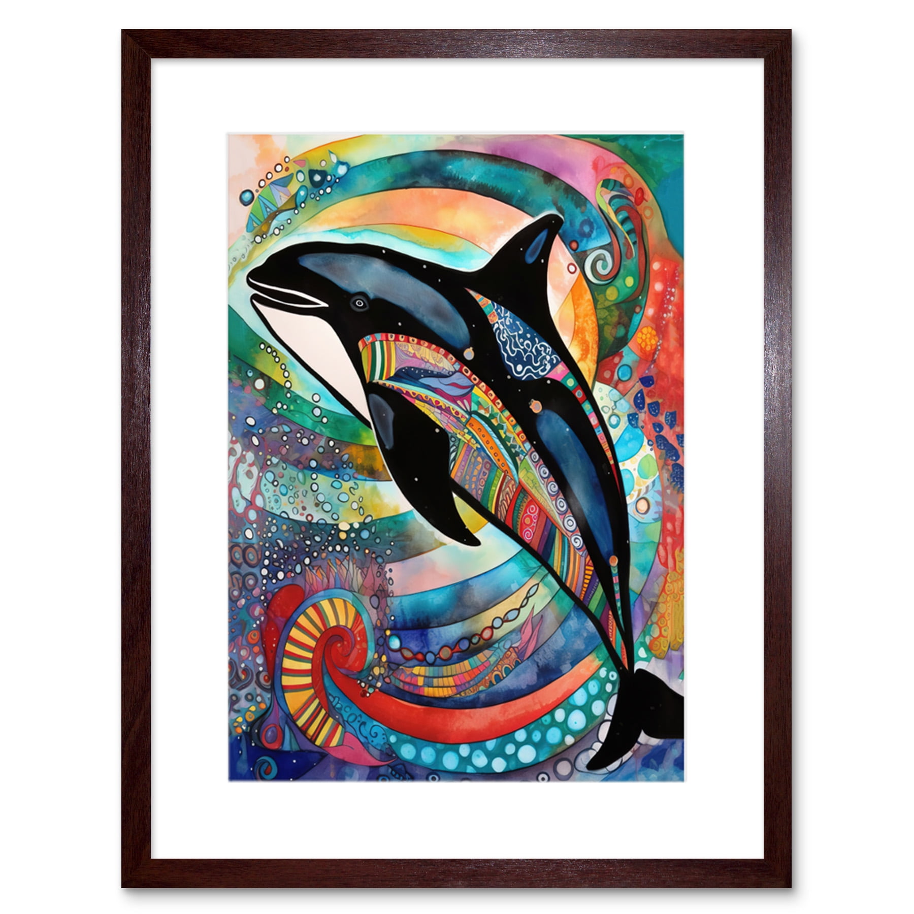 Orca Jumping Out Of Sunset Colour Waves Folk Art Artwork Framed Print ...
