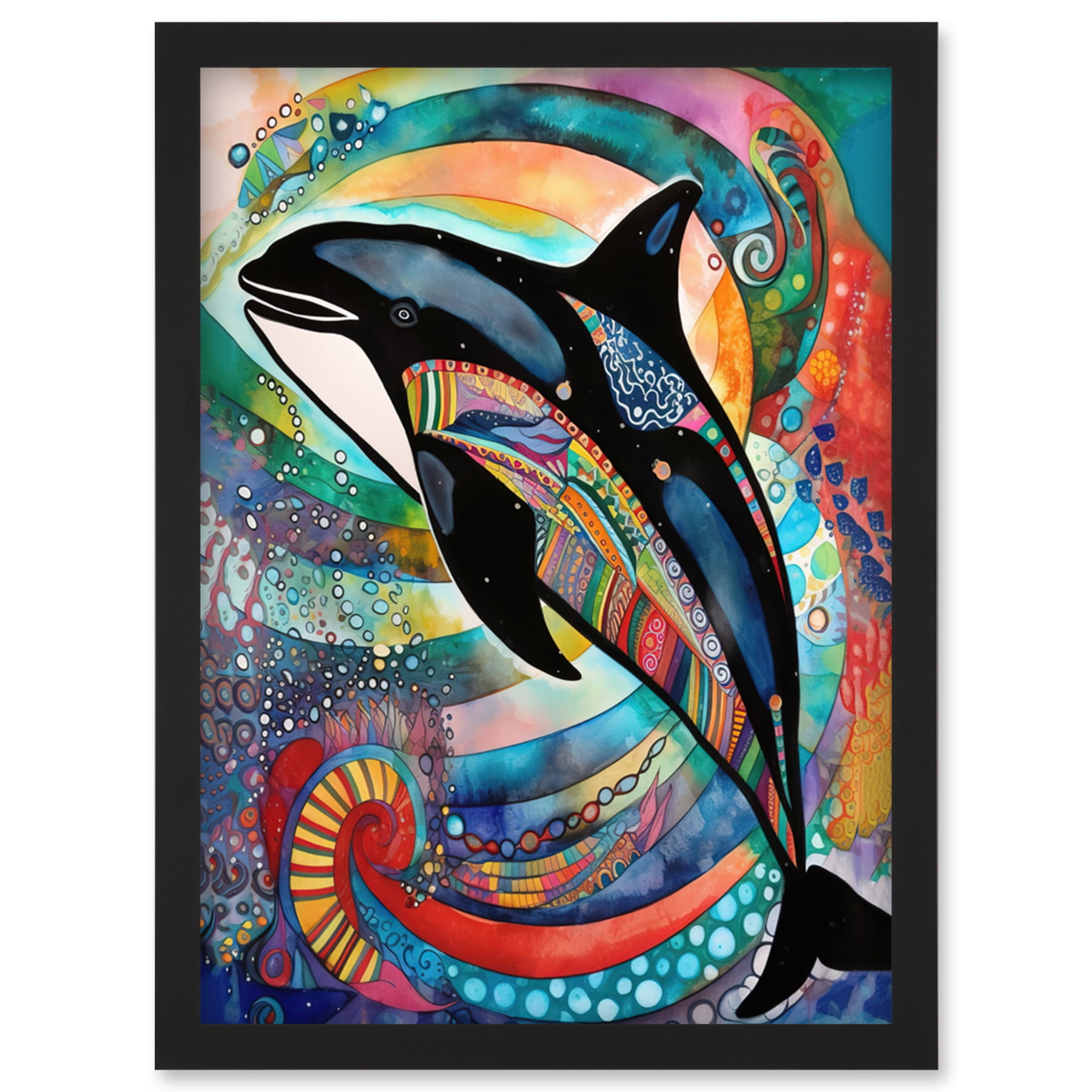 Orca Jumping Out Of Sunset Colour Waves Folk Art Artwork Framed Wall ...