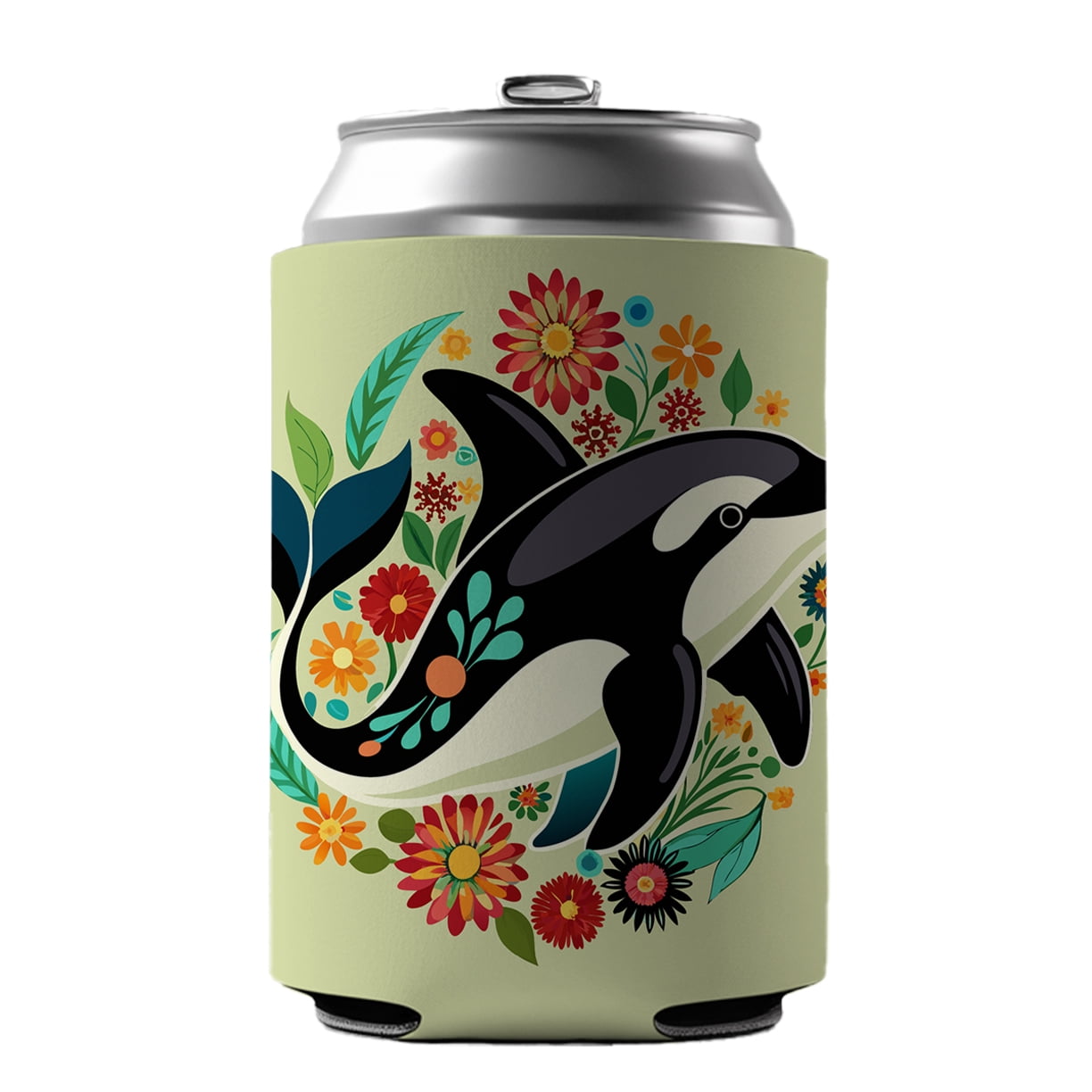 Orca Whale Floral Flowers Drink Beer Soda Insulated Sleeve Holder Can ...