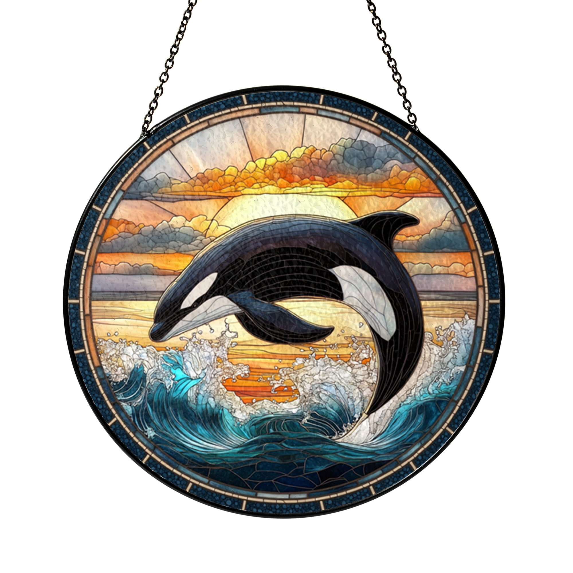 Orca Whale Stained Glass Tiffany-Style Beveled Round Ornament, Marine ...