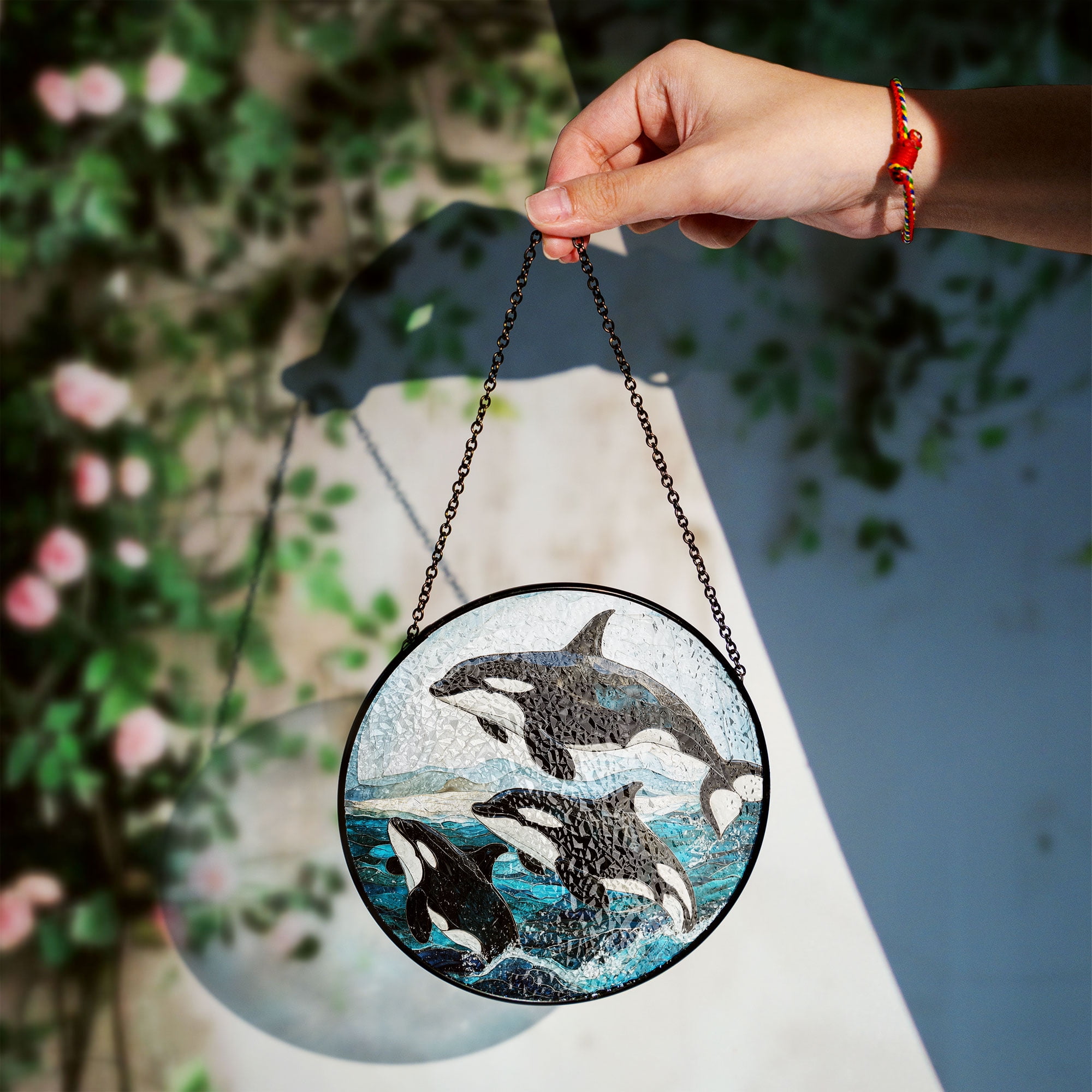 Orca Whales in Ocean Stained Glass Window Hanging - Handmade Sun ...