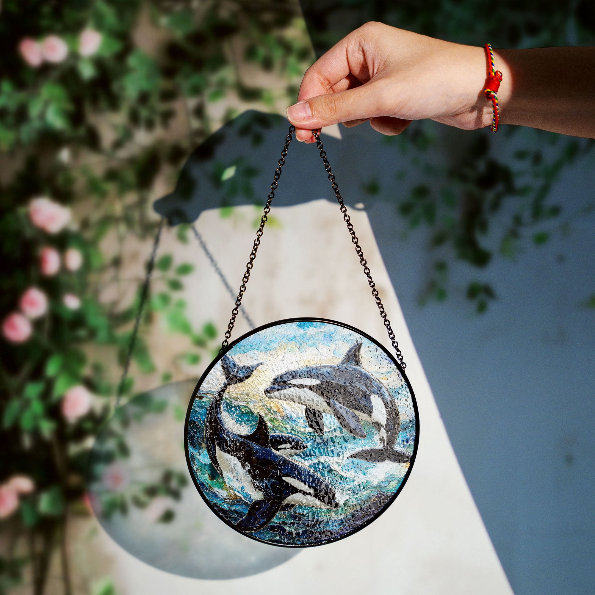 Orca Whales in Ocean Stained Glass Window Hanging - Handmade Sun ...