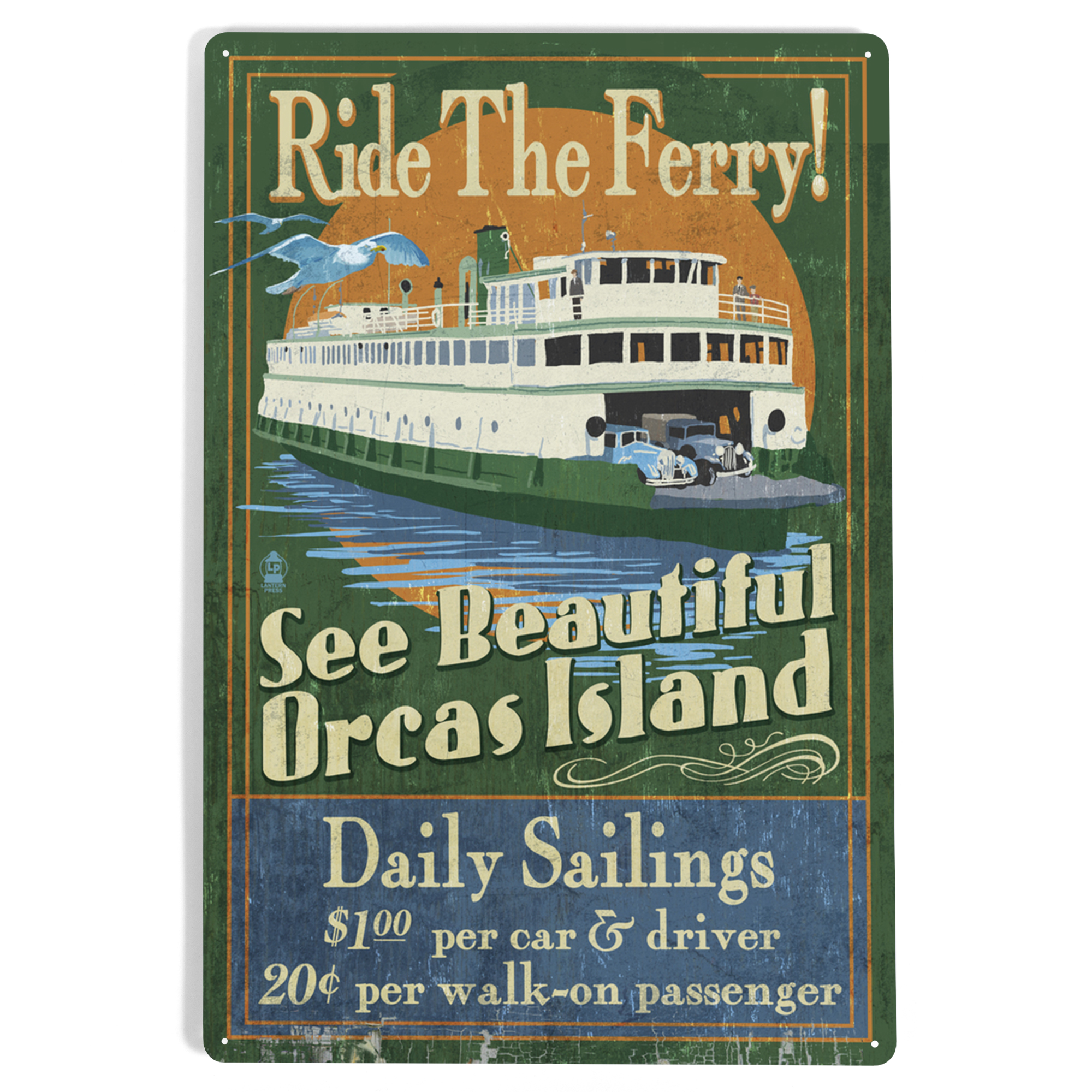 Orcas Island, Washington, Ferry Ride Vintage Sign (12x18 Aluminum Art ...