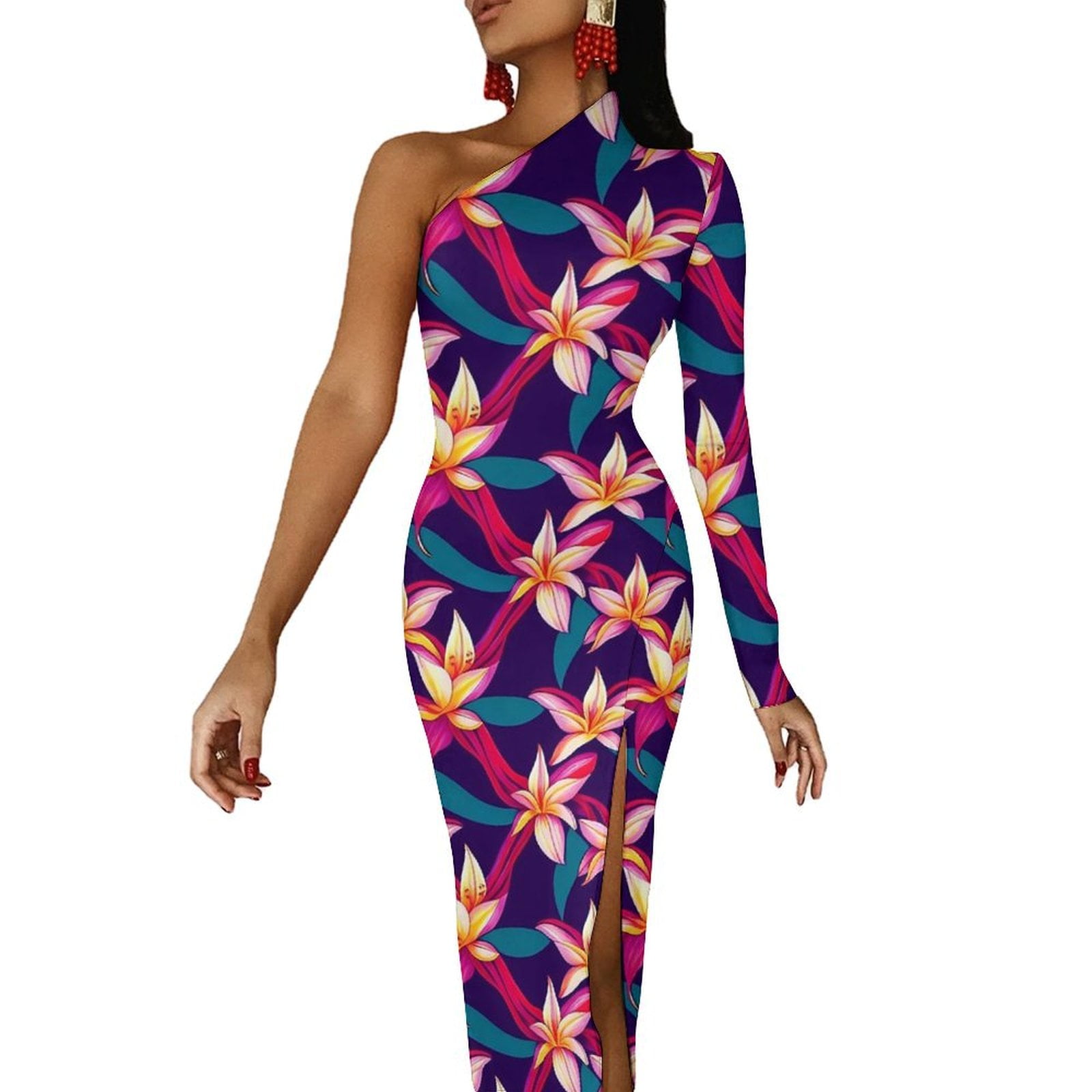 Orchid And Lily Floral Bodycon Dress Woman Flowers Print Club Maxi ...