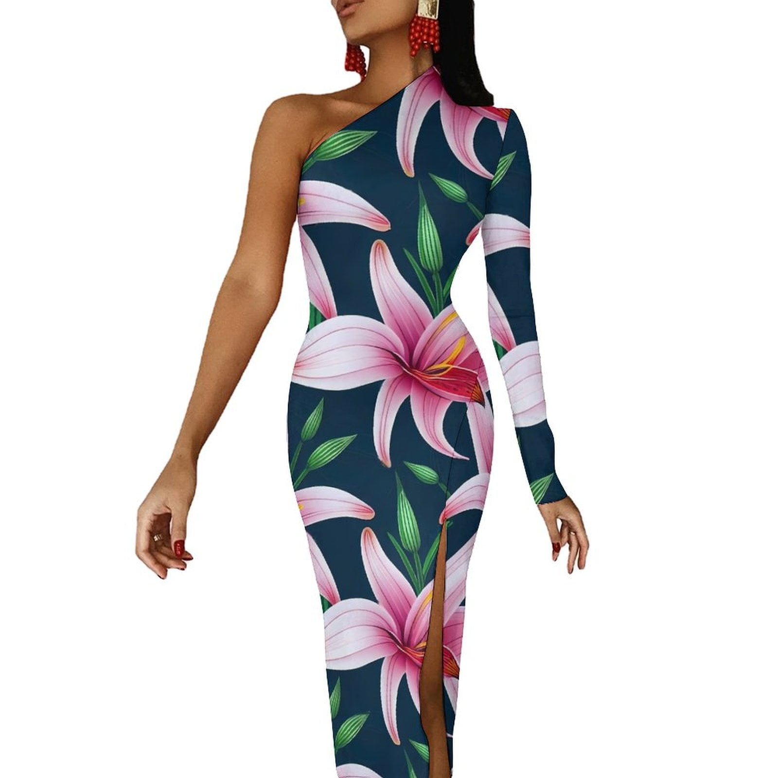 Orchid And Lily Floral Bodycon Dress Woman Flowers Print Club Maxi ...