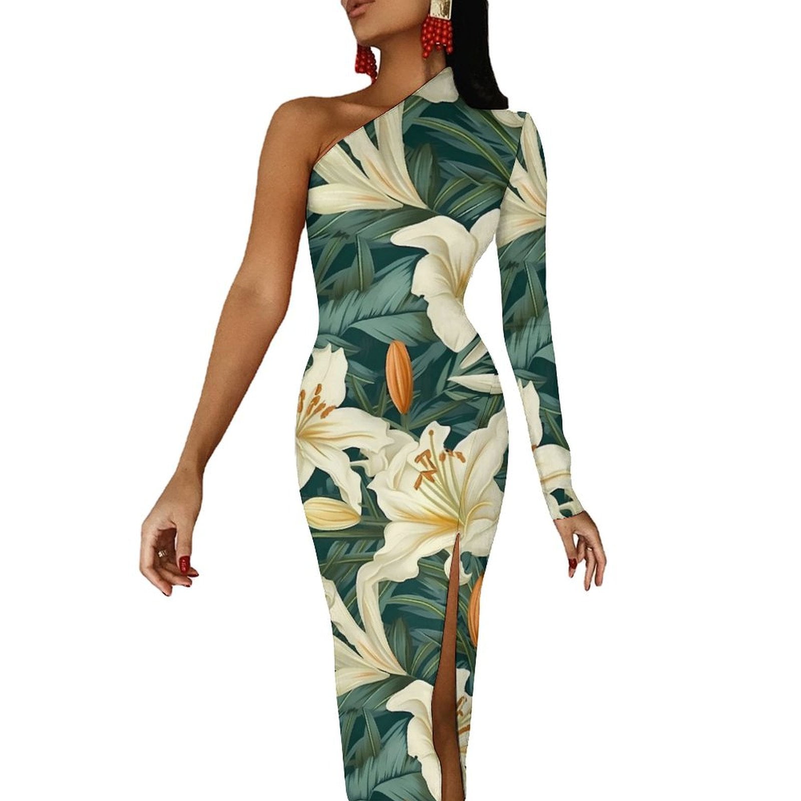 Orchid And Lily Floral Bodycon Dress Woman Flowers Print Club Maxi ...