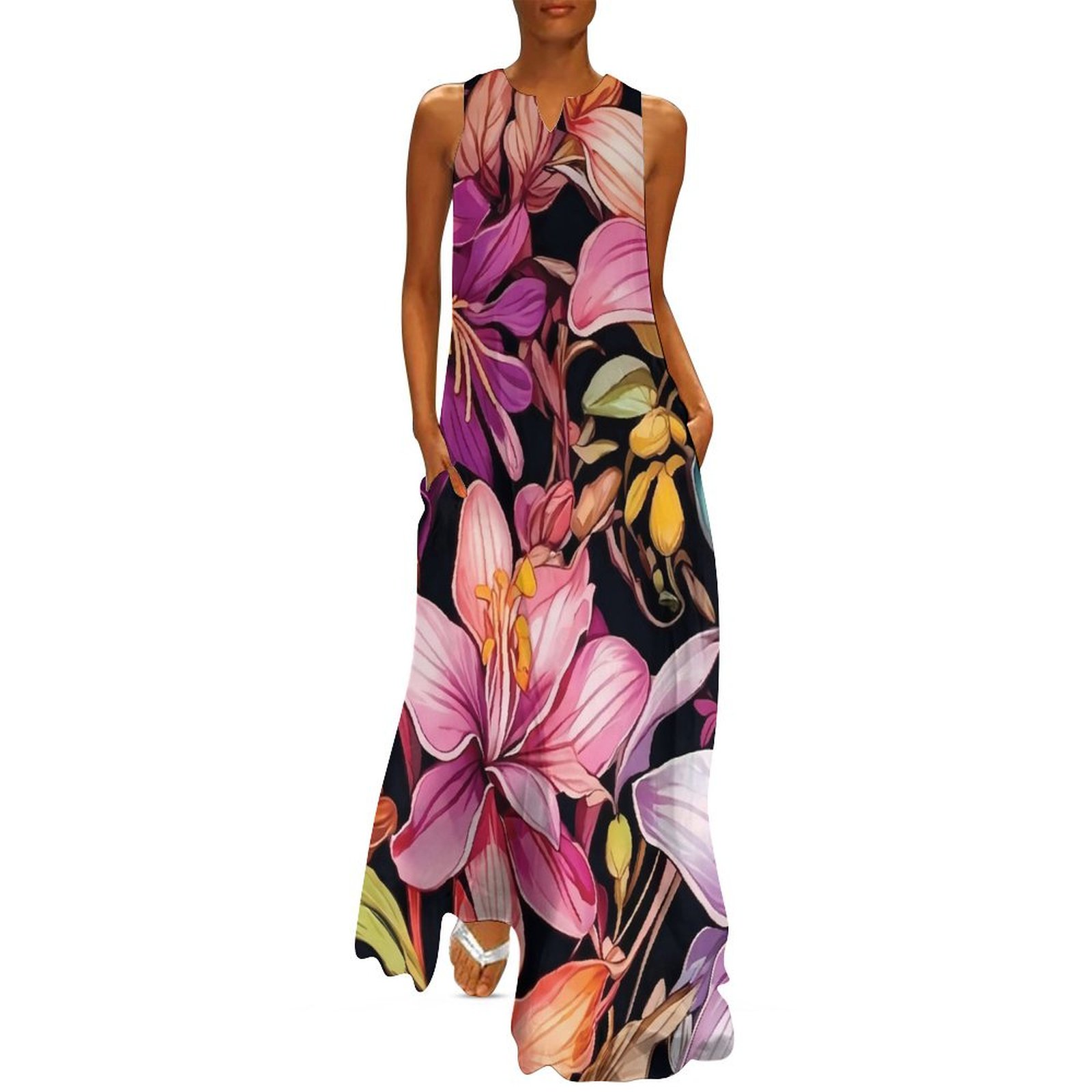 Orchid And Lily Floral Dress Summer Flowers Print Street Fashion Boho ...