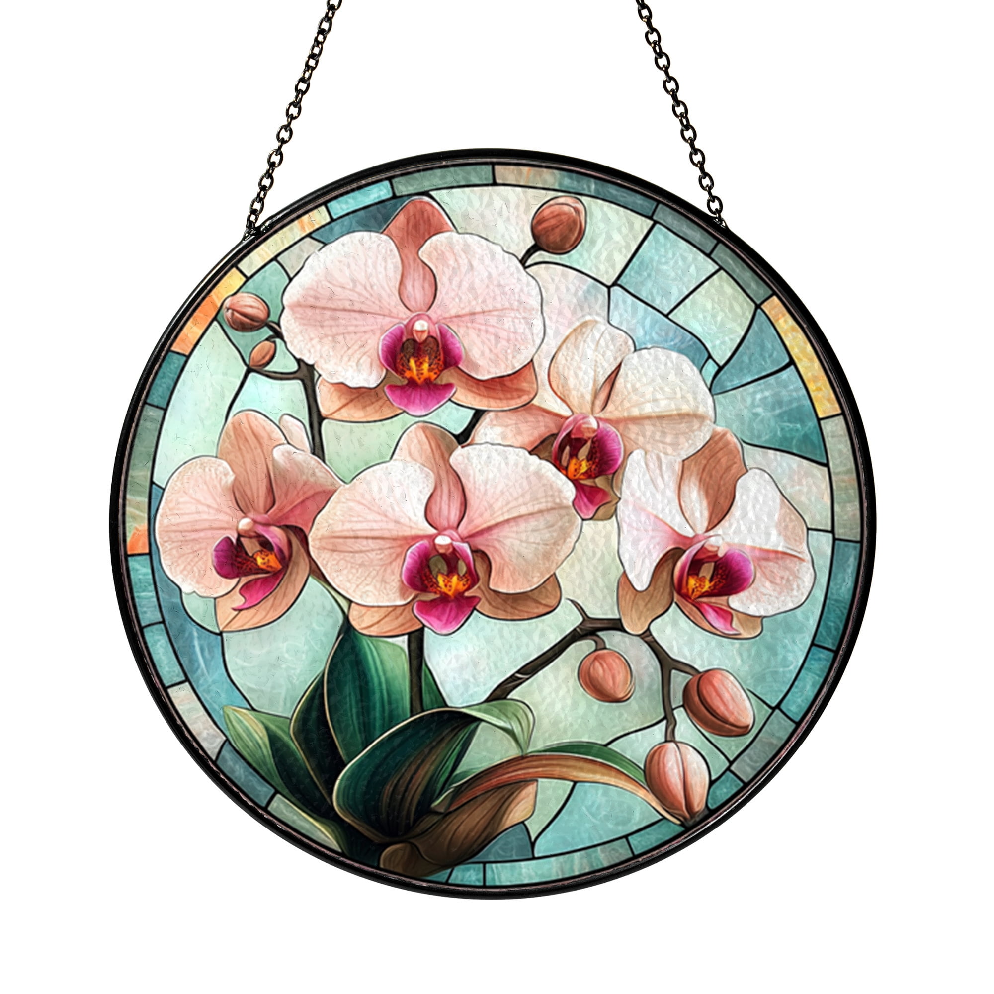 Orchid Bloom Decorative Glass Style Wreath Sign, Floral Window Hanging ...