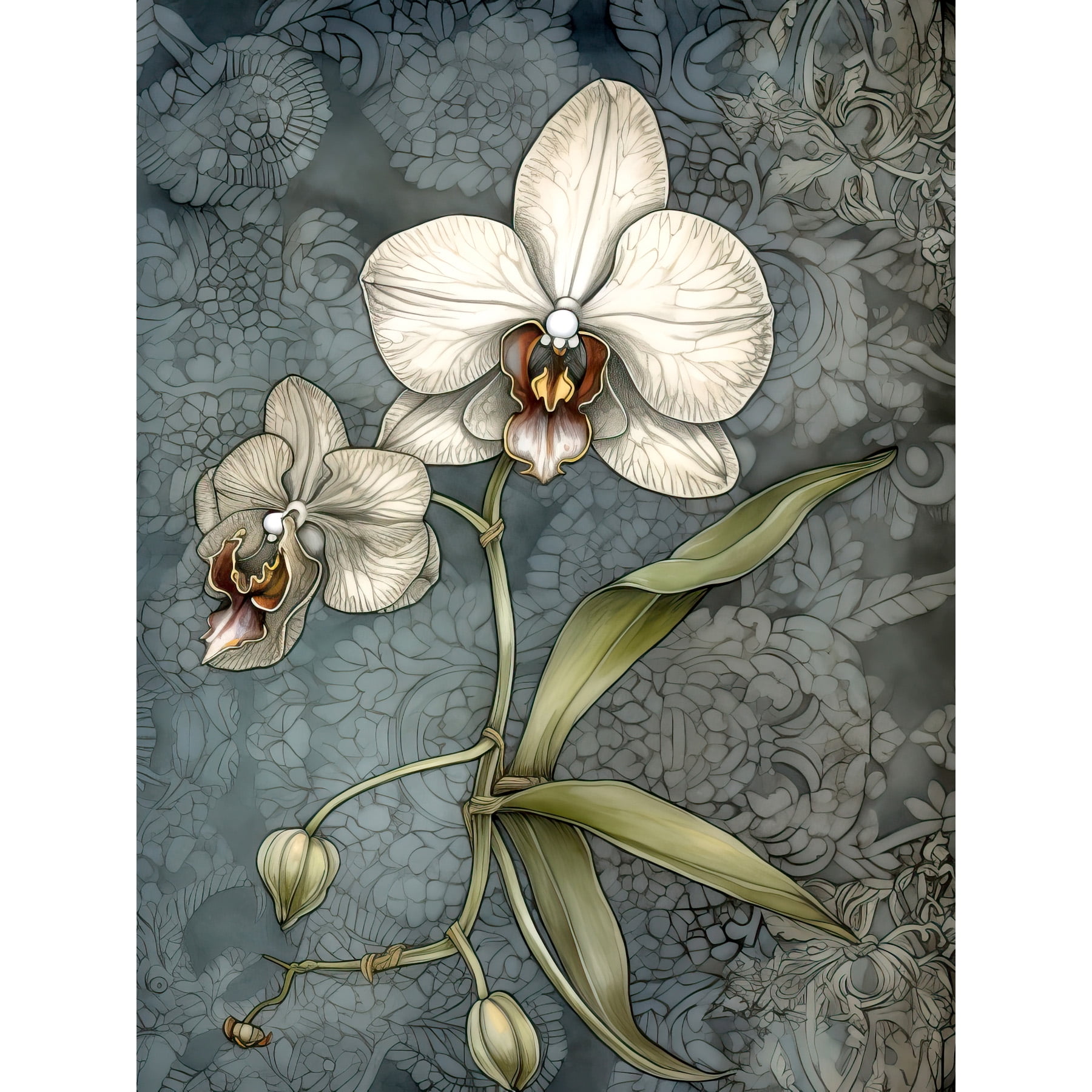 Orchid Flower Blooms Pastel Colour Art Nouveau Large Wall Art Poster ...