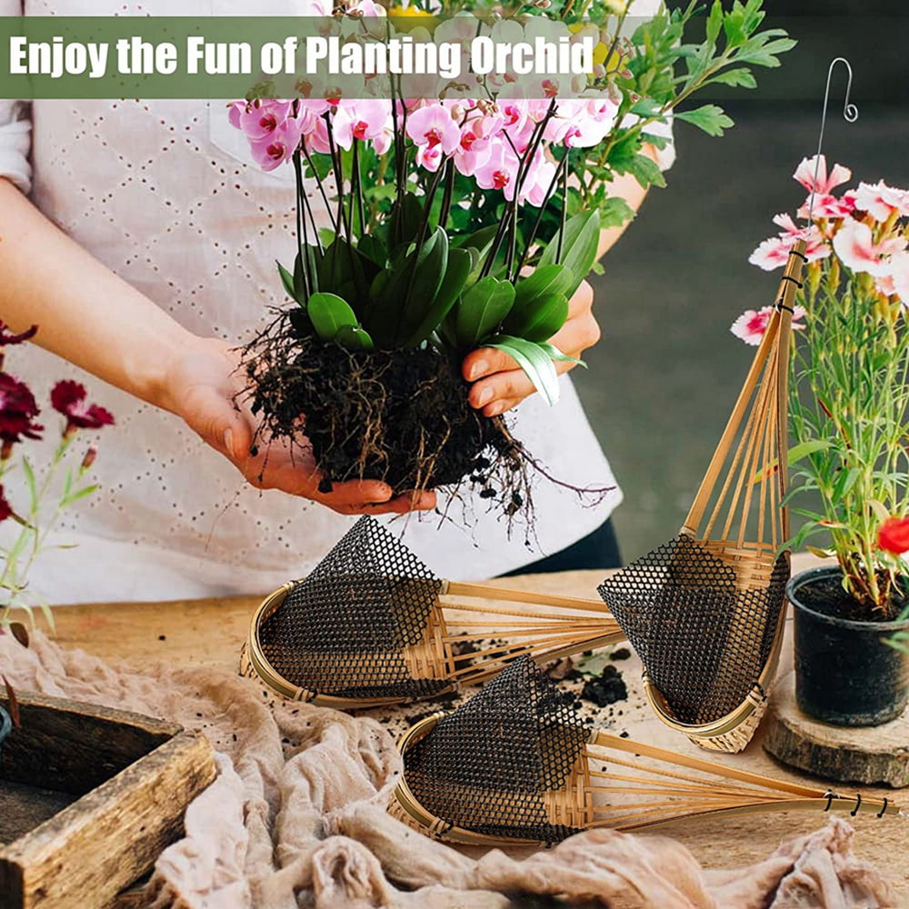 Orchid Hanging Basket with Metal Hook,Bamboo Orchid Hanging Pot Planter ...