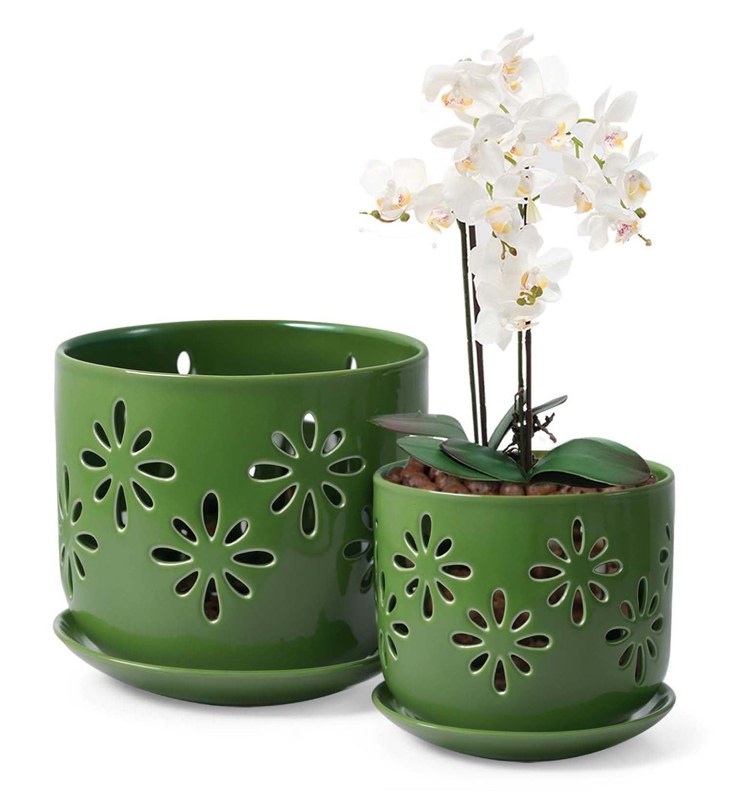 Ceramic Orchid Pots with Drainage Holes - 5+6 Inch Set with Saucer Tray ...