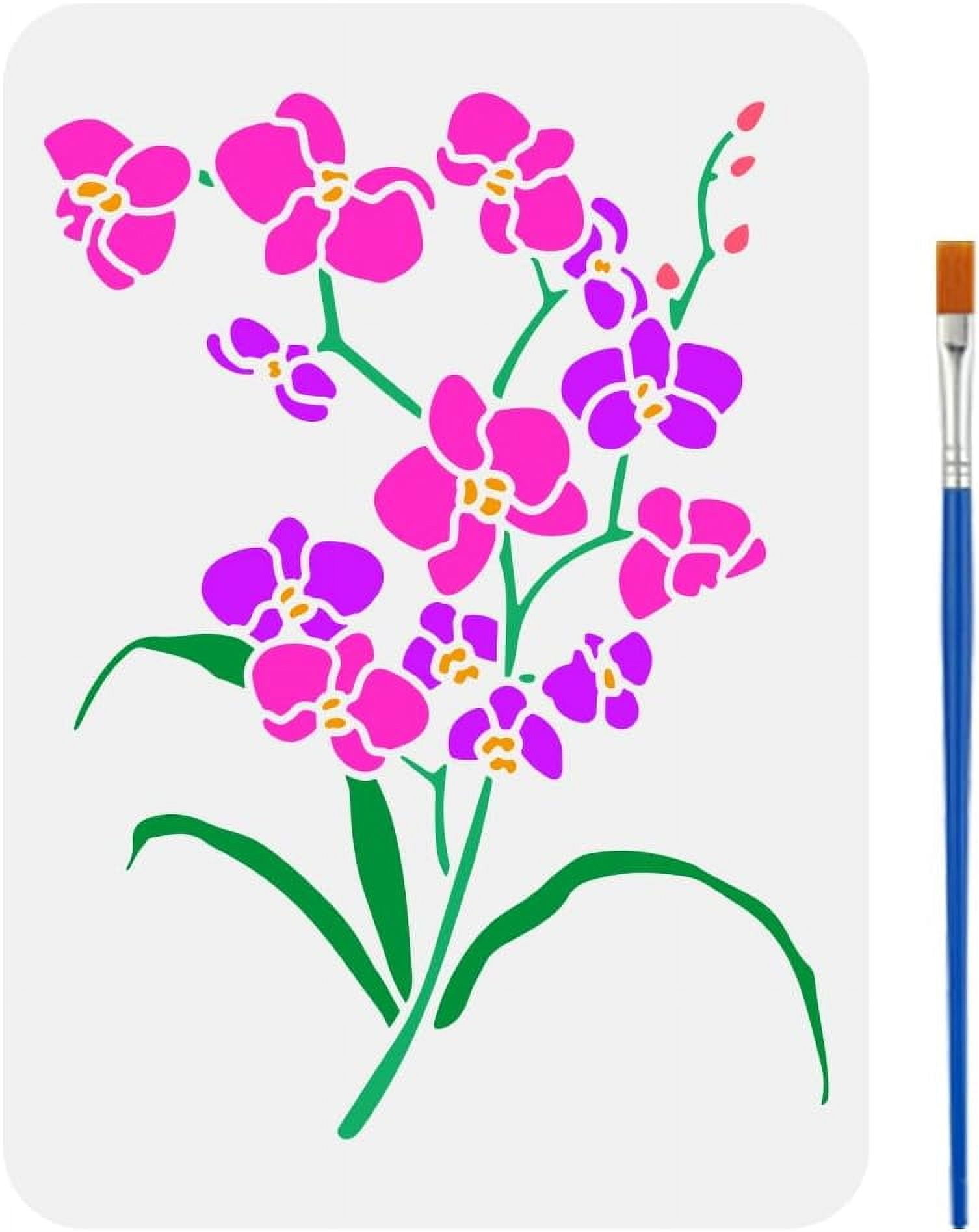 Orchid Stencil with a Paint Brush 8.3x11.7inch Orchid Leaf Large Stencil Blooming Orchids ...