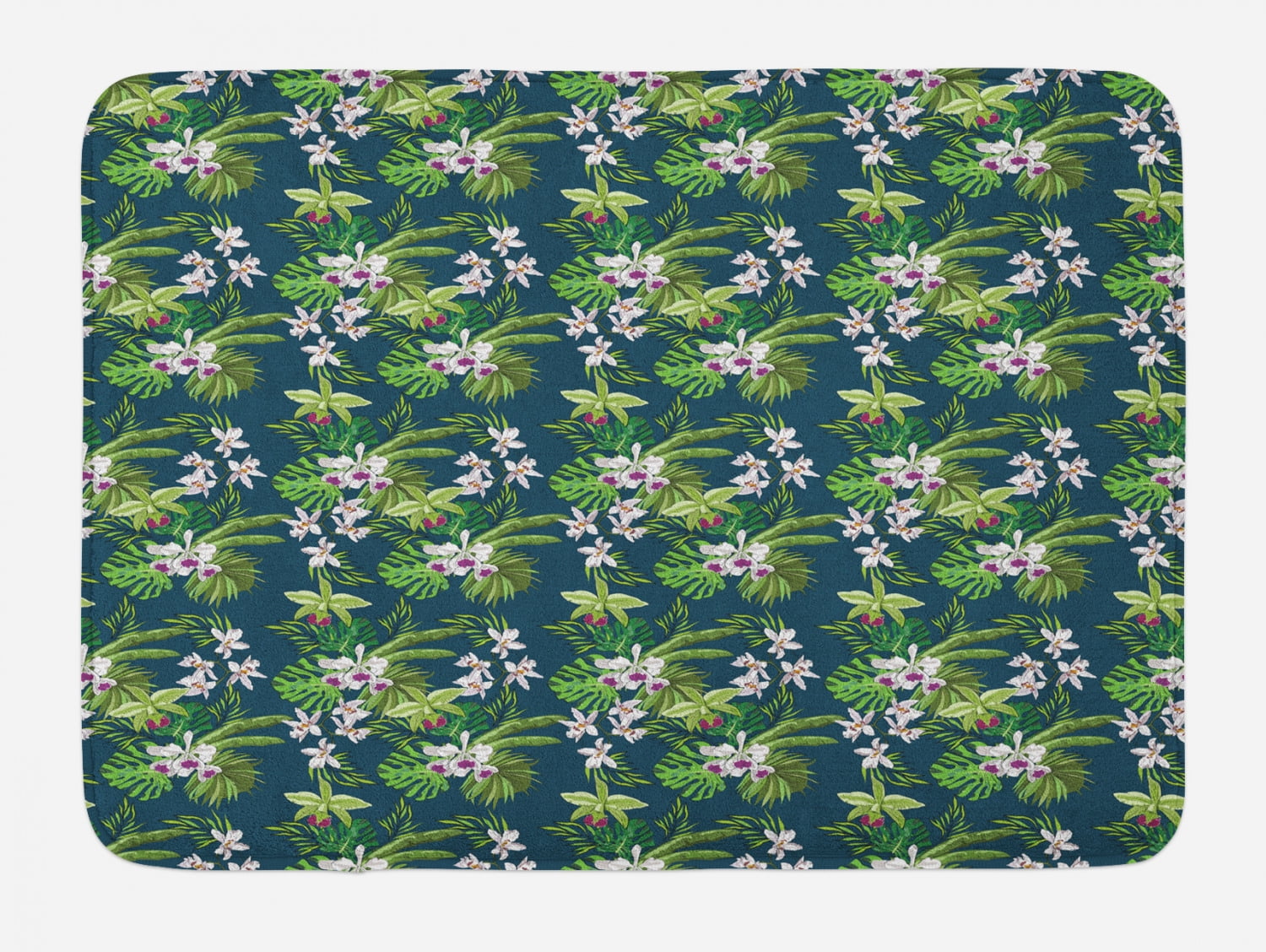 Orchids Bath Mat, Island Theme Blooms with Palm and Banana Leaf Jungle ...