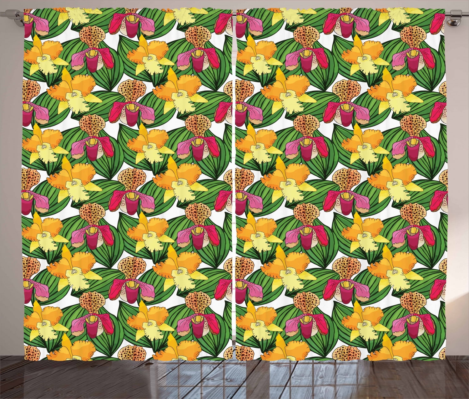 Orchids Curtains 2 Panels Set, Daisy Hibiscus Fern Leaves Botanical ...