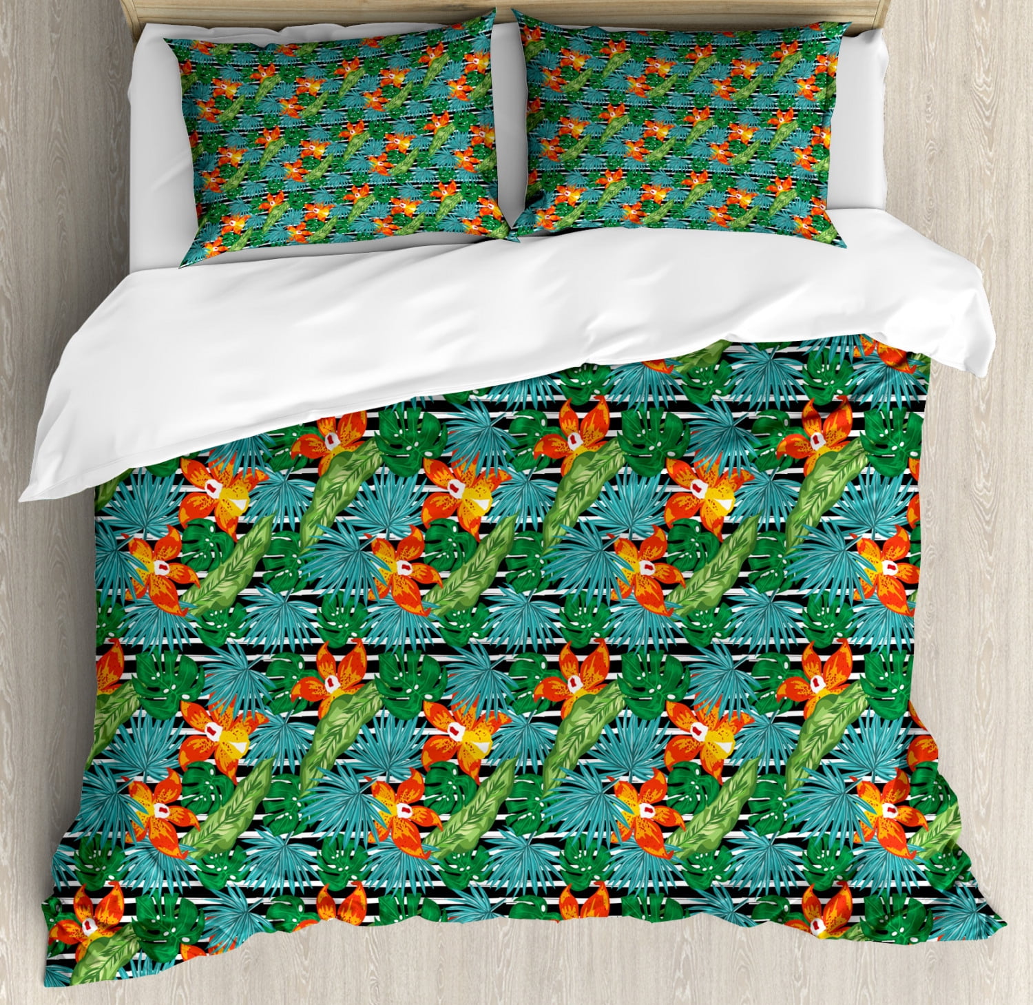 Orchids Duvet Cover Set King Size, Botanical Pattern with Aloha Motifs ...