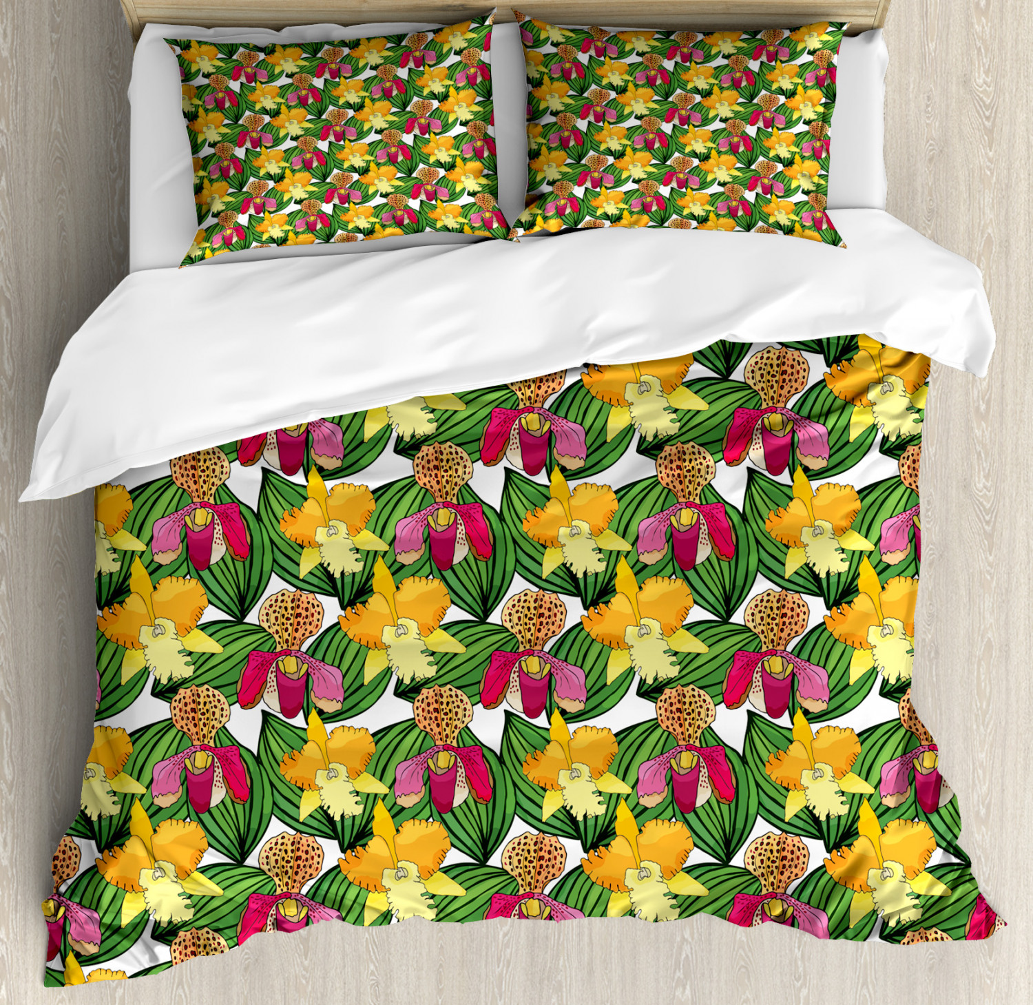 Orchids Duvet Cover Set Queen Size, Daisy Hibiscus Fern Leaves ...