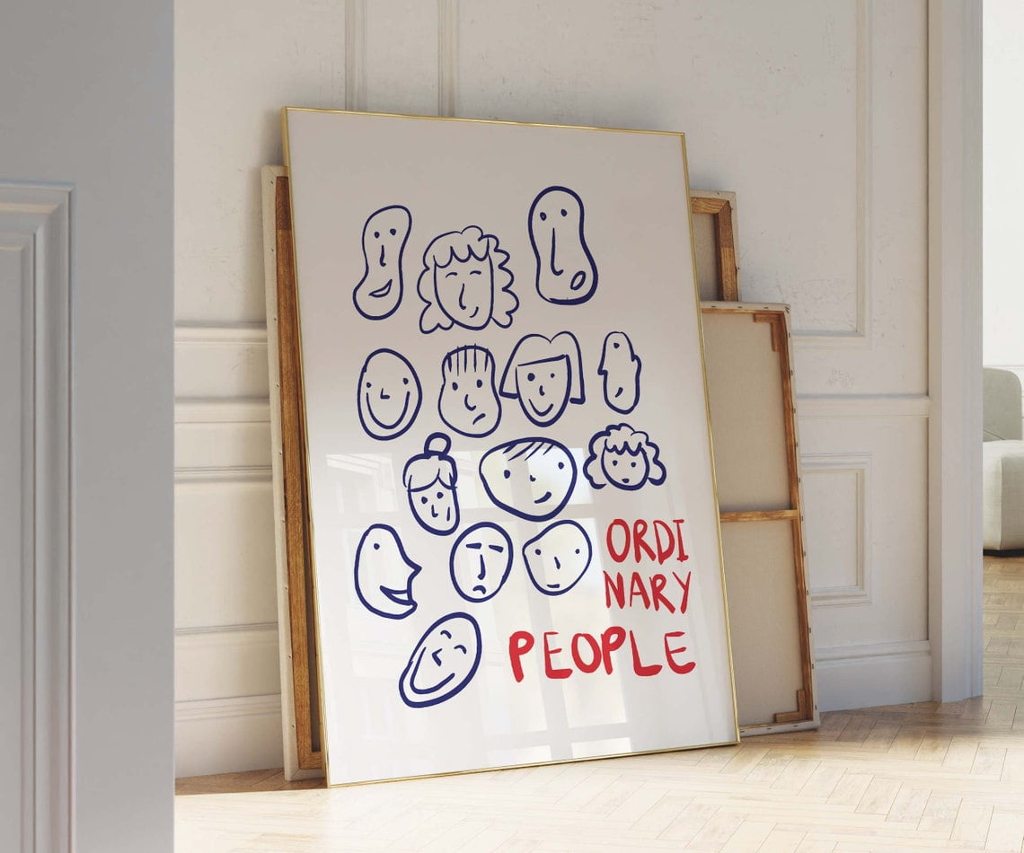 Ordinary People Exhibition Hand Drawn Blue and Red Human Faces Wall ...