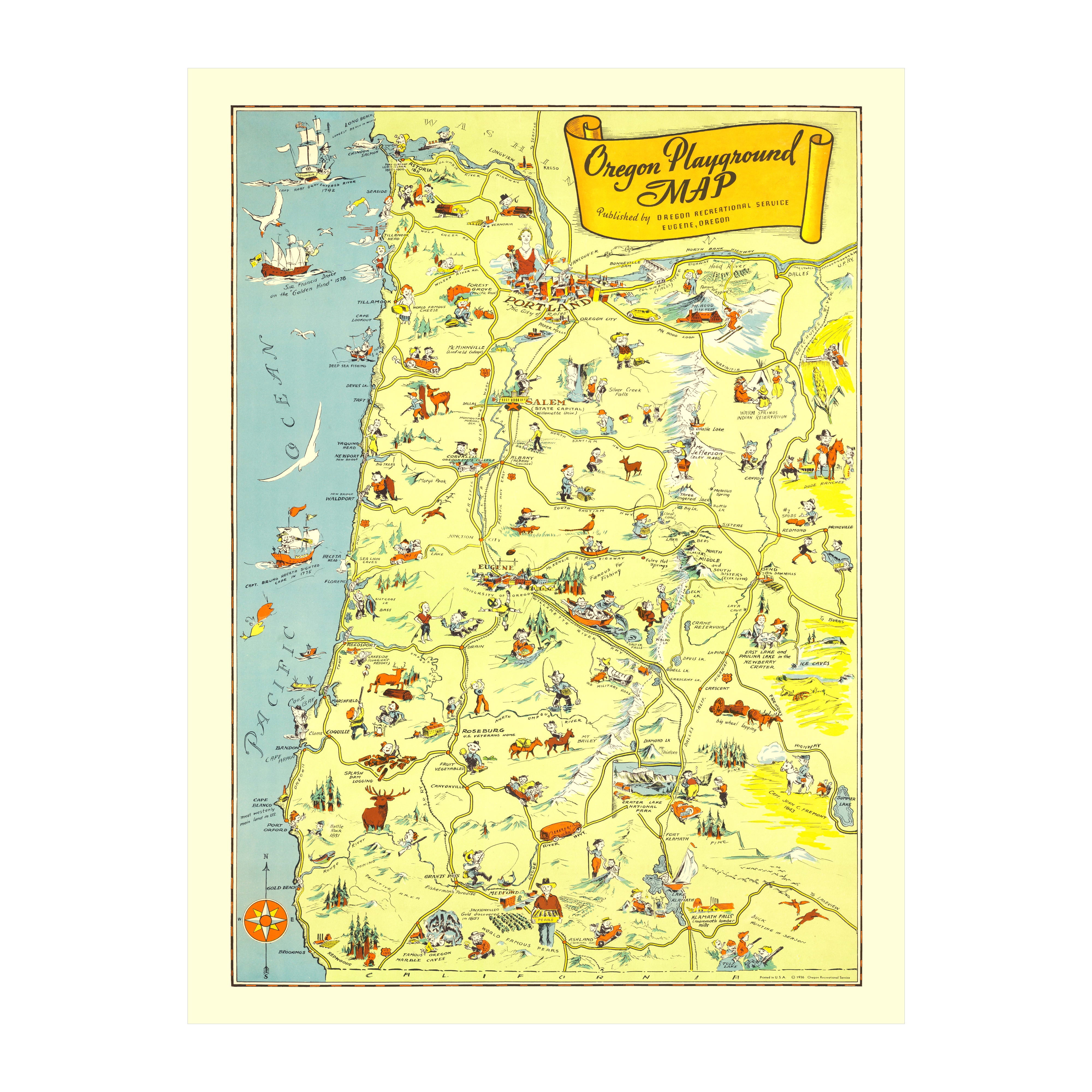 Oregon Art, 1936 Vintage Map of Oregon History Wall Decor Gift, Old Oregon Map - 24" x 36 ...